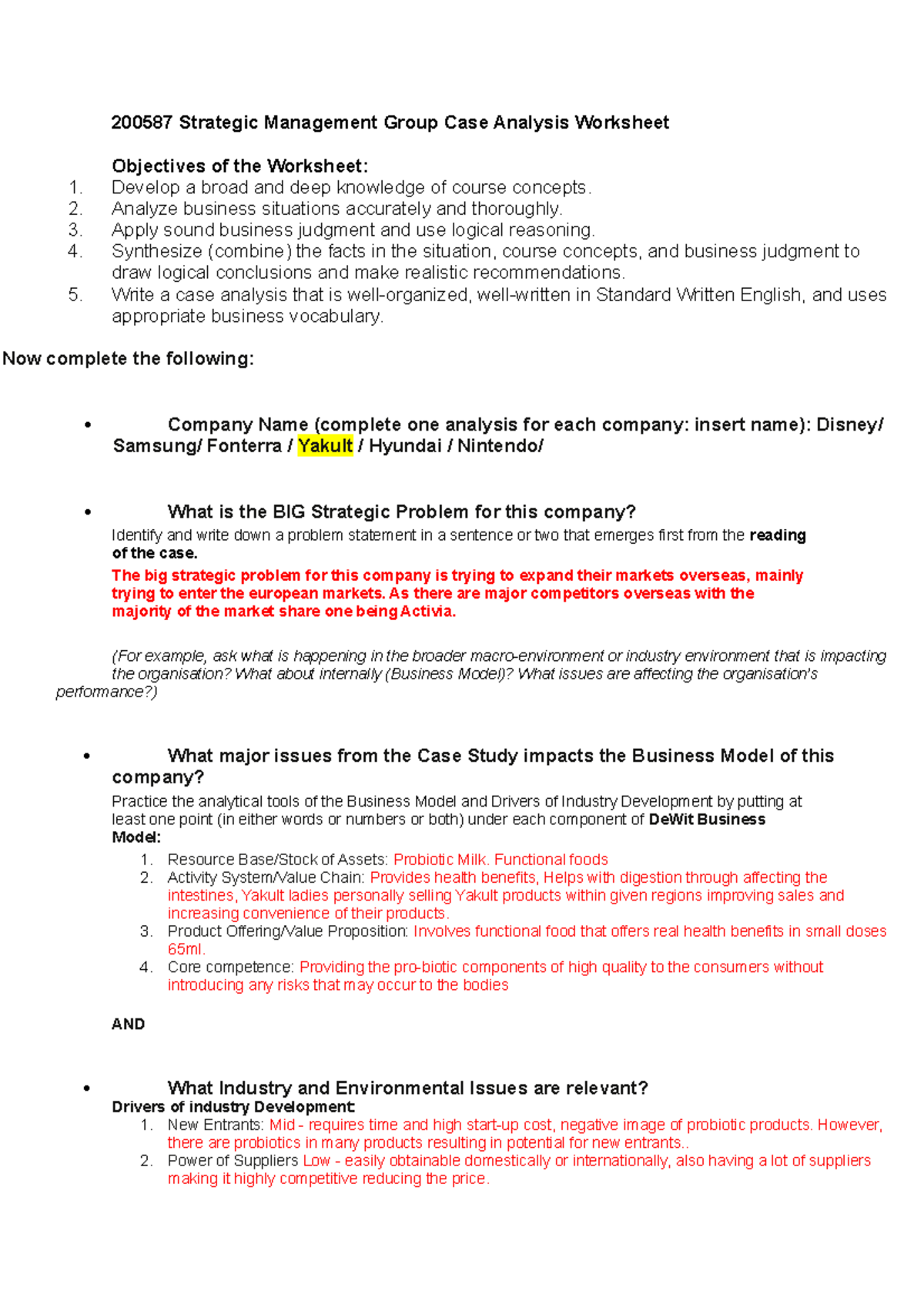 Yakult - 200587 Strategic Management Group Case Analysis Worksheet ...