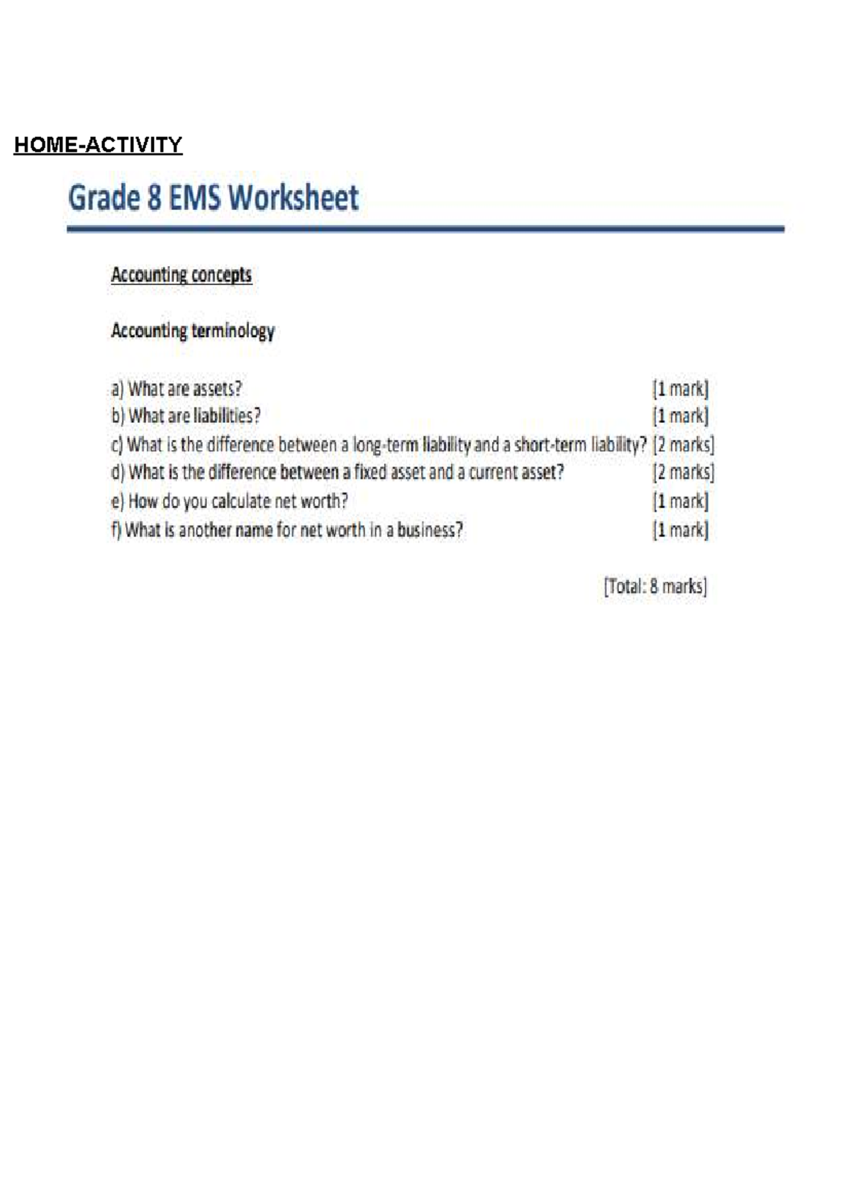 Grade 8 EMS Worksheet: Accounting Concepts & Terminology - Studocu