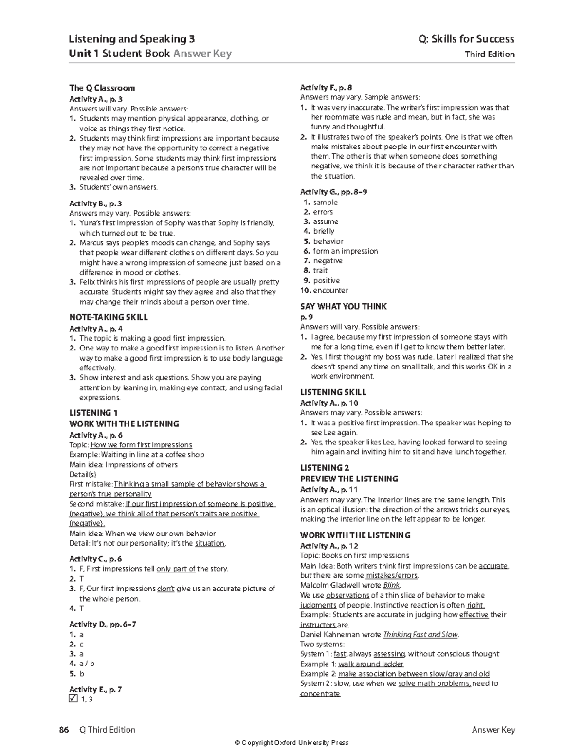 Listening and Speaking 3 Unit 1-8 Answer Key Q: Skills for Success ...