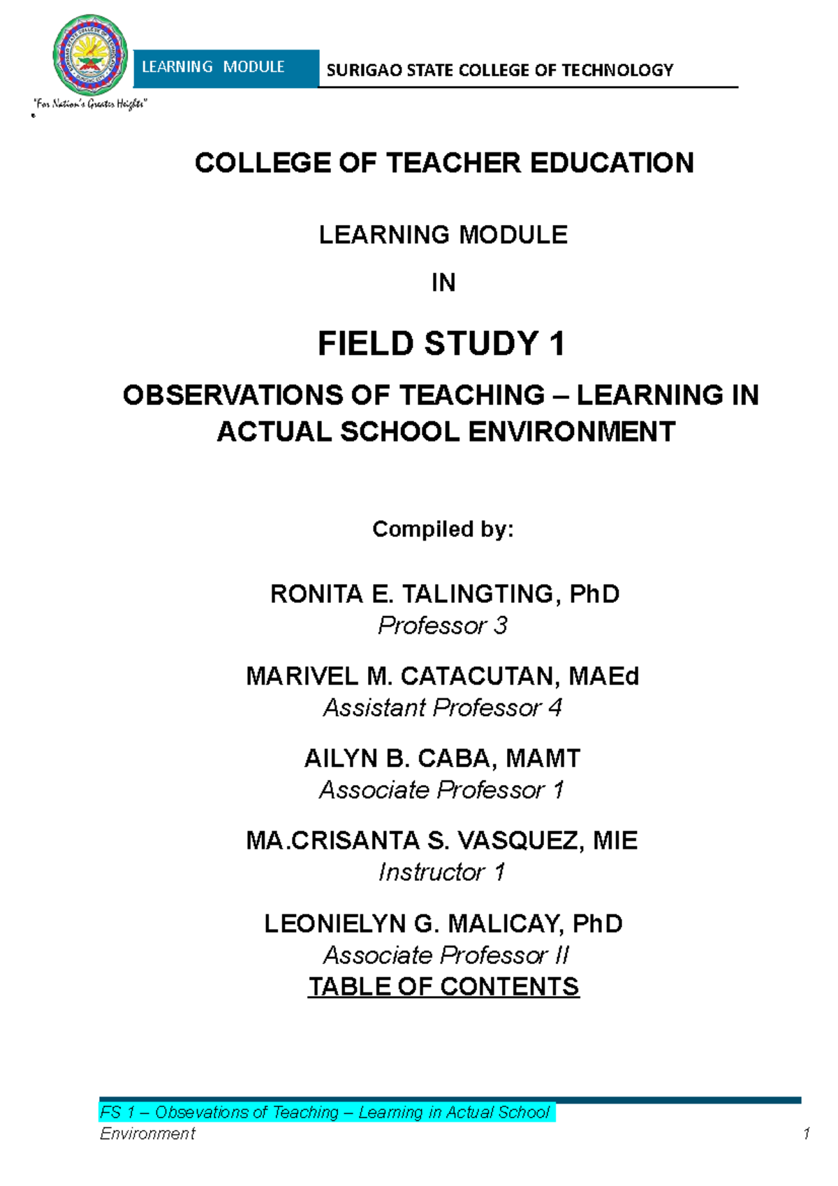 FS-1 - Learning Module: Observations of Teaching in Actual Schools ...