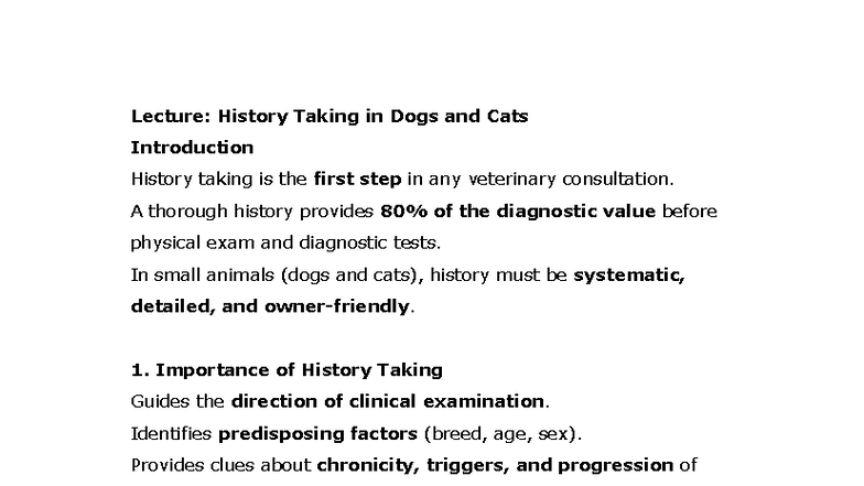 Lecture: History Taking in Dogs and Cats (Vet 101) - Studocu