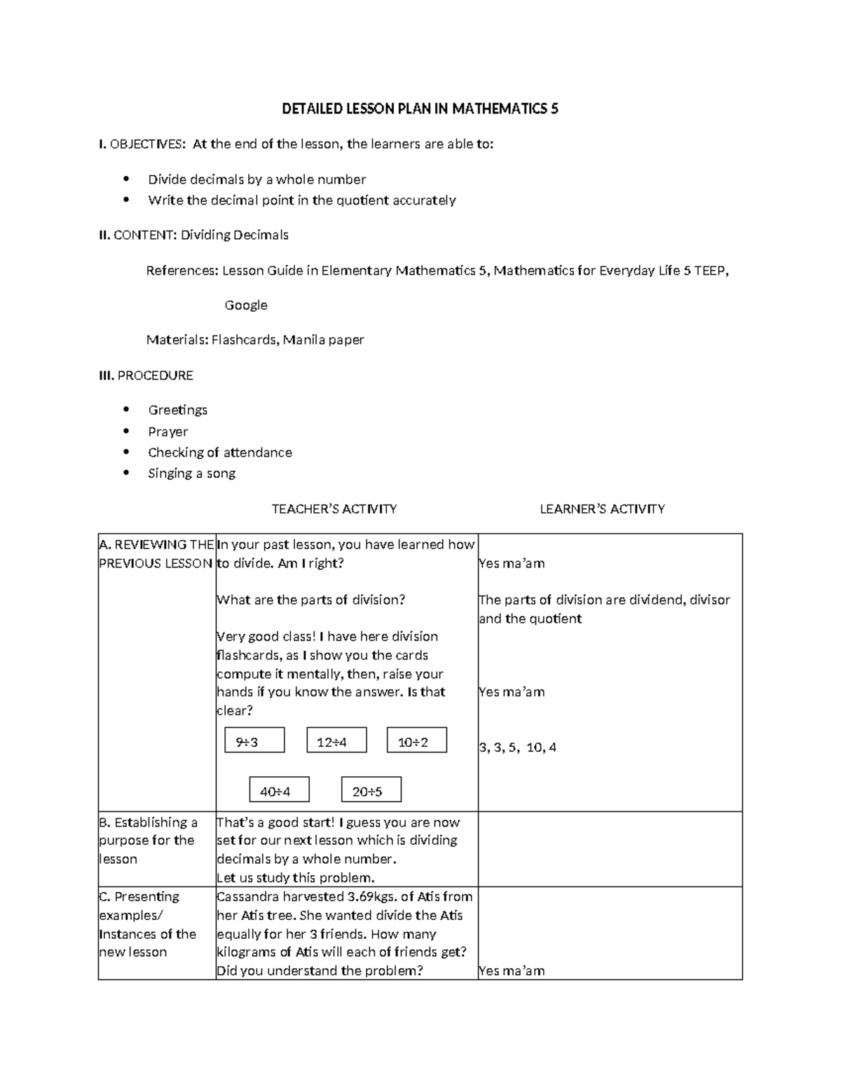 448316794 Detailed Lesson Plan on Dividing Decimals in Math 5 - Studocu