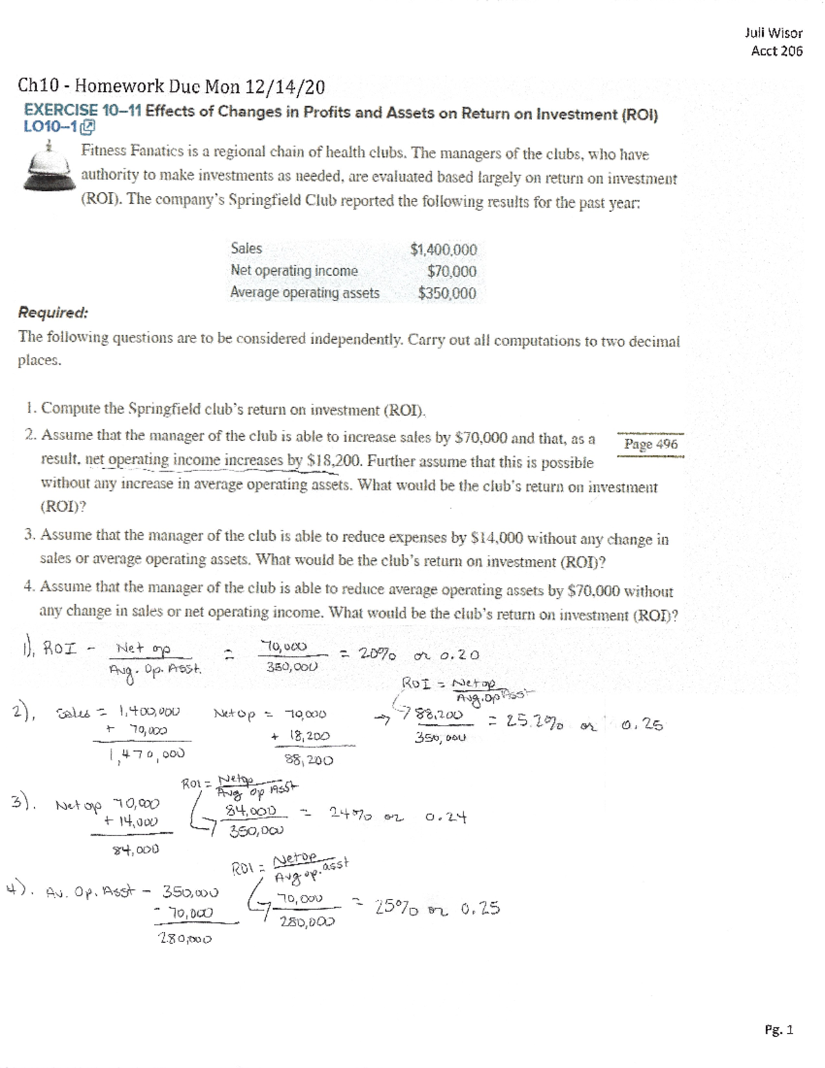 Acct 206 Final Exam: Ch 10 Homework on ROI and Investment Evaluations ...
