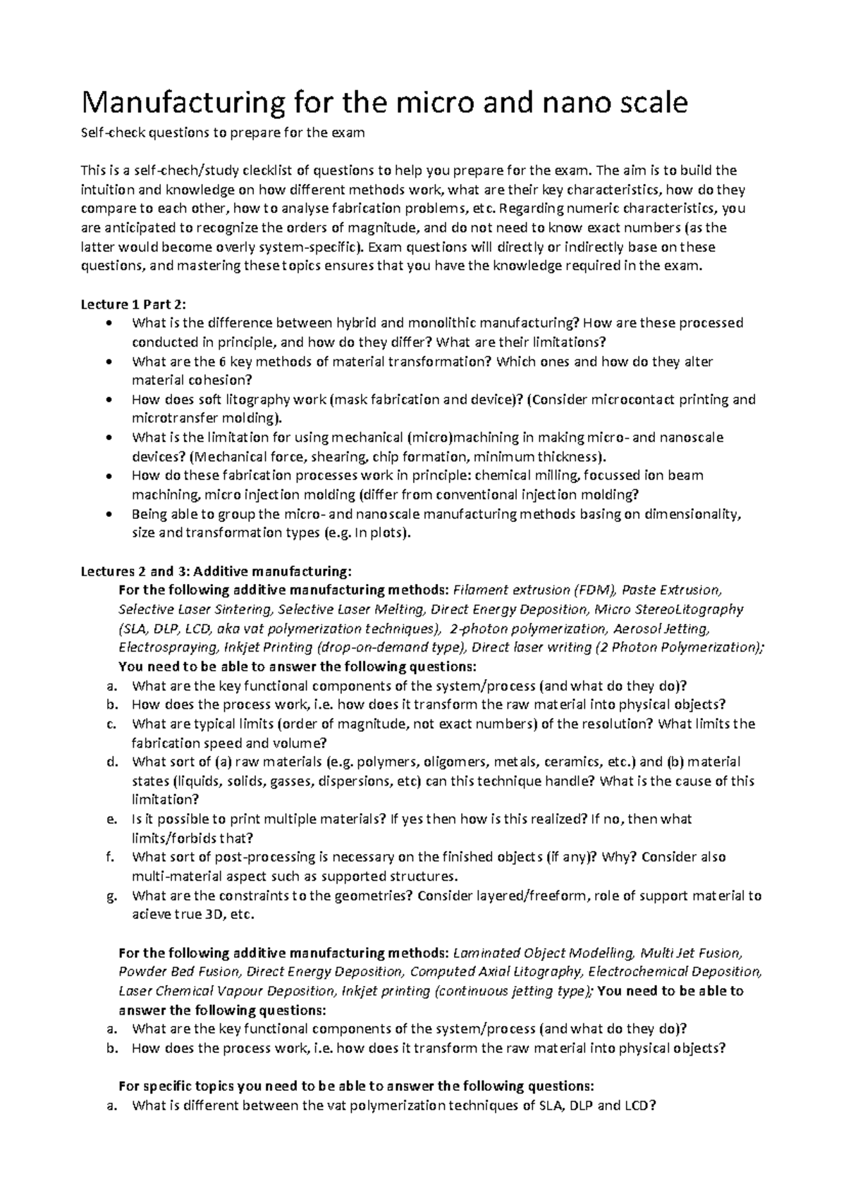 Self-check Questions for Exam Prep: Manufacturing at Micro/Nano Scale ...