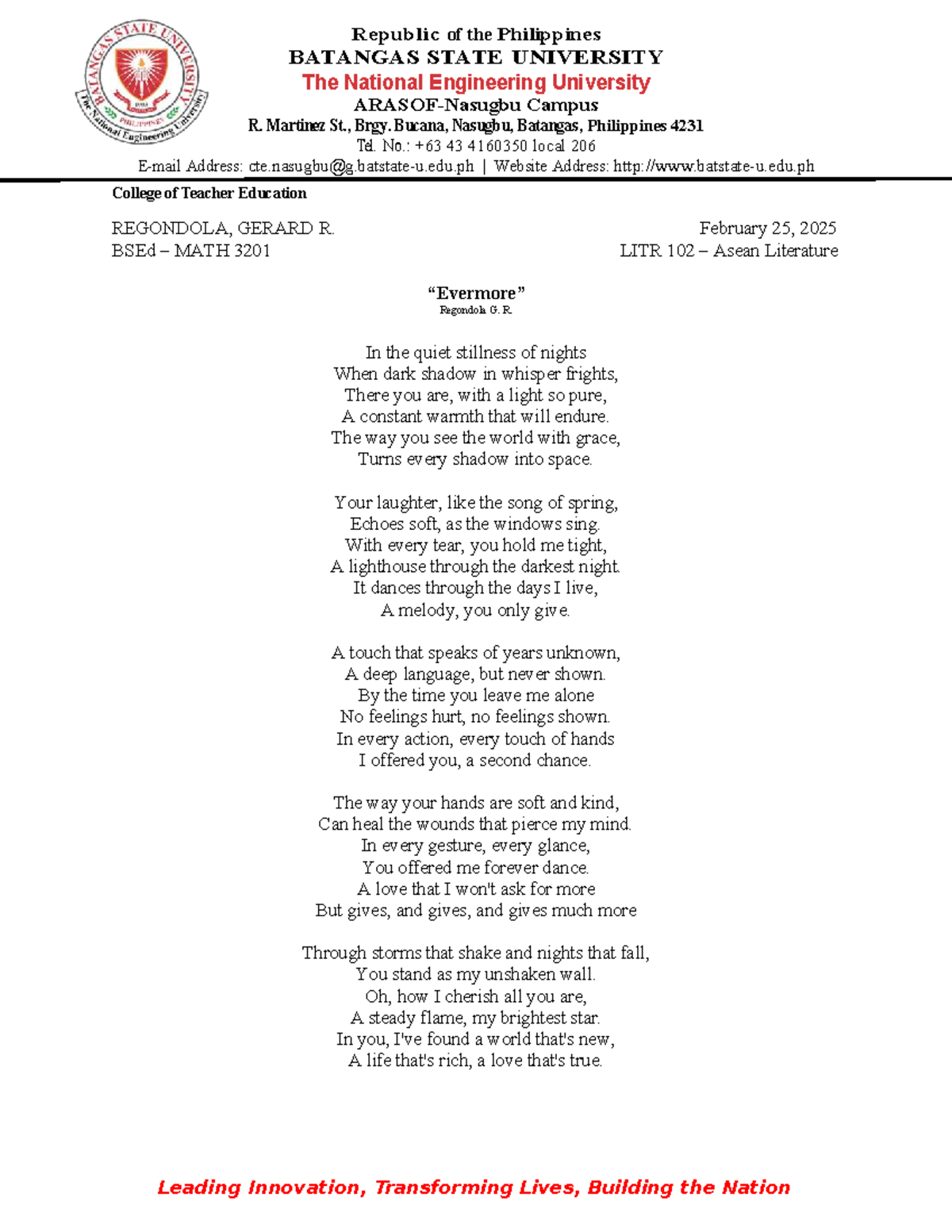 BSEd – MATH 3201 LITR 102 – Cherishing Poetic Expressions of Love - Studocu