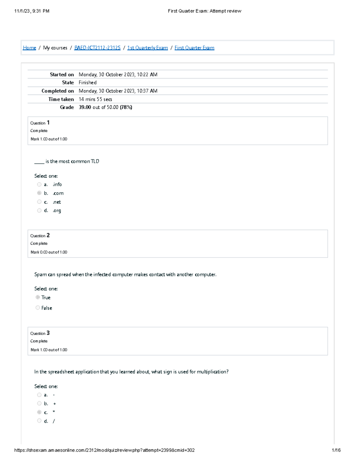 BAED-ICT2112-2312S 1st Quarter Exam Answers and Results - Studocu
