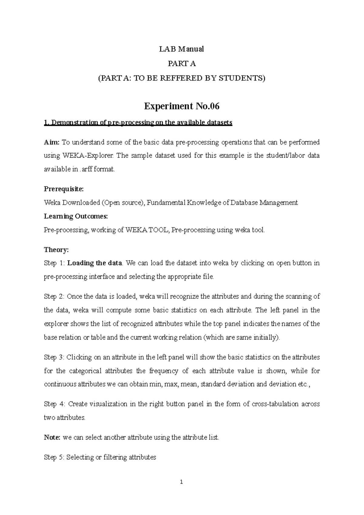 LAB Manual Part A: Data Operations with WEKA (Experiment No. 06) - Studocu
