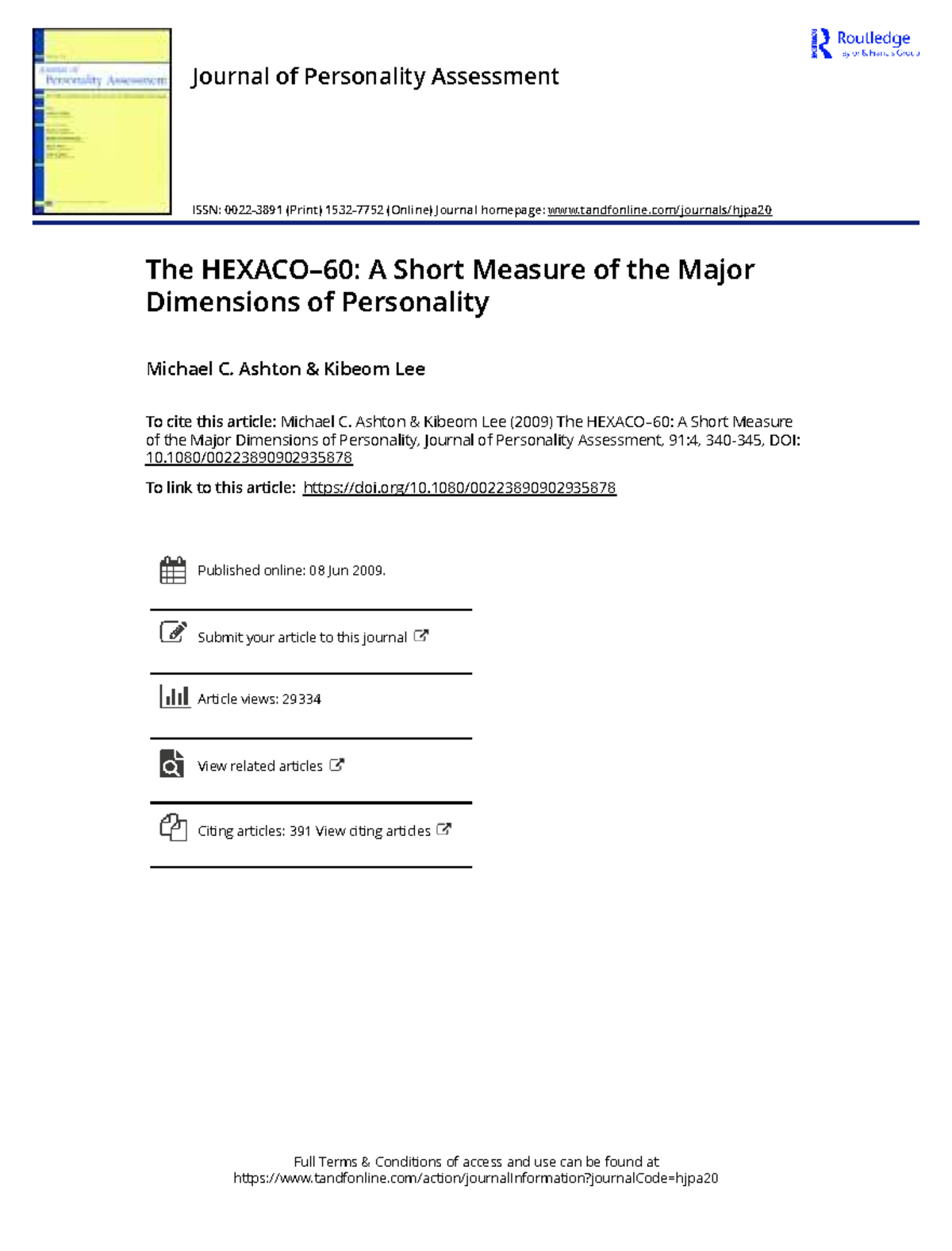 HEXACO 60: A Brief Measure of Major Personality Dimensions - Studocu