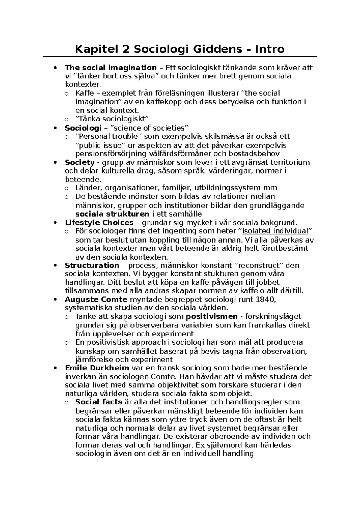 Kapitel 2 och 3 Sociologi Giddens: Anteckningar och Teorier VT25 - Studocu