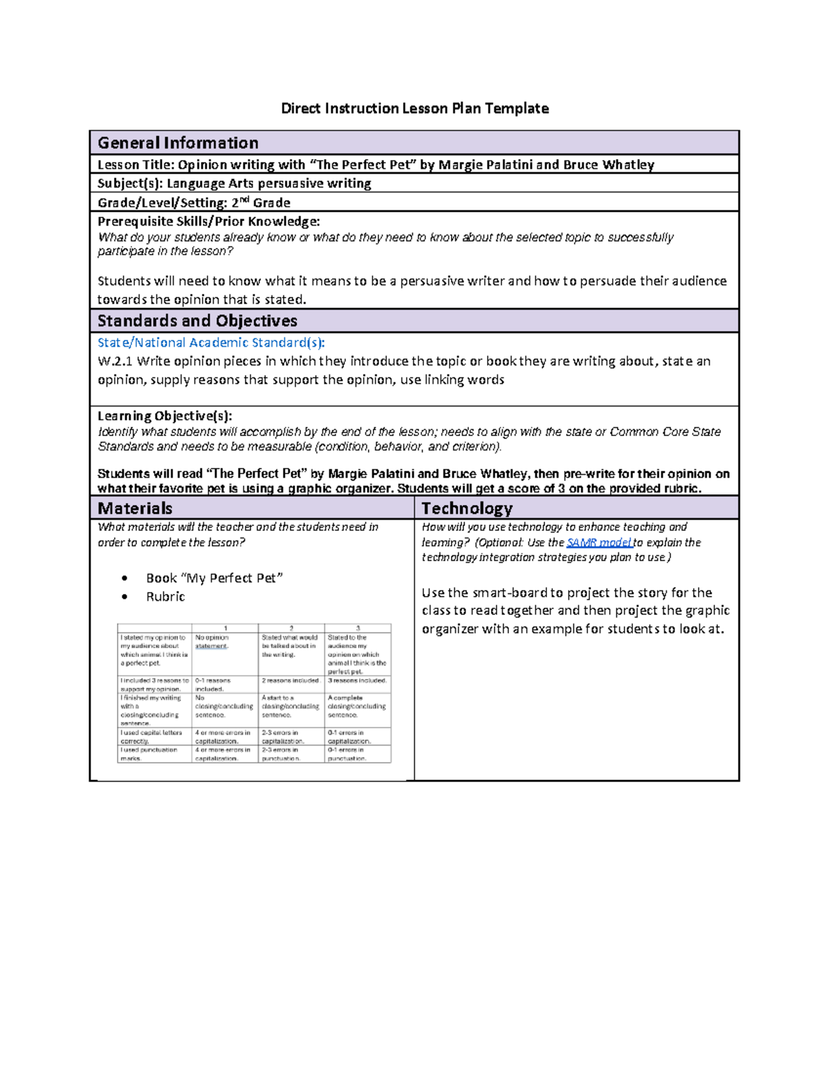 Language Arts Instruction Lesson Plan - Direct Instruction Lesson Plan ...