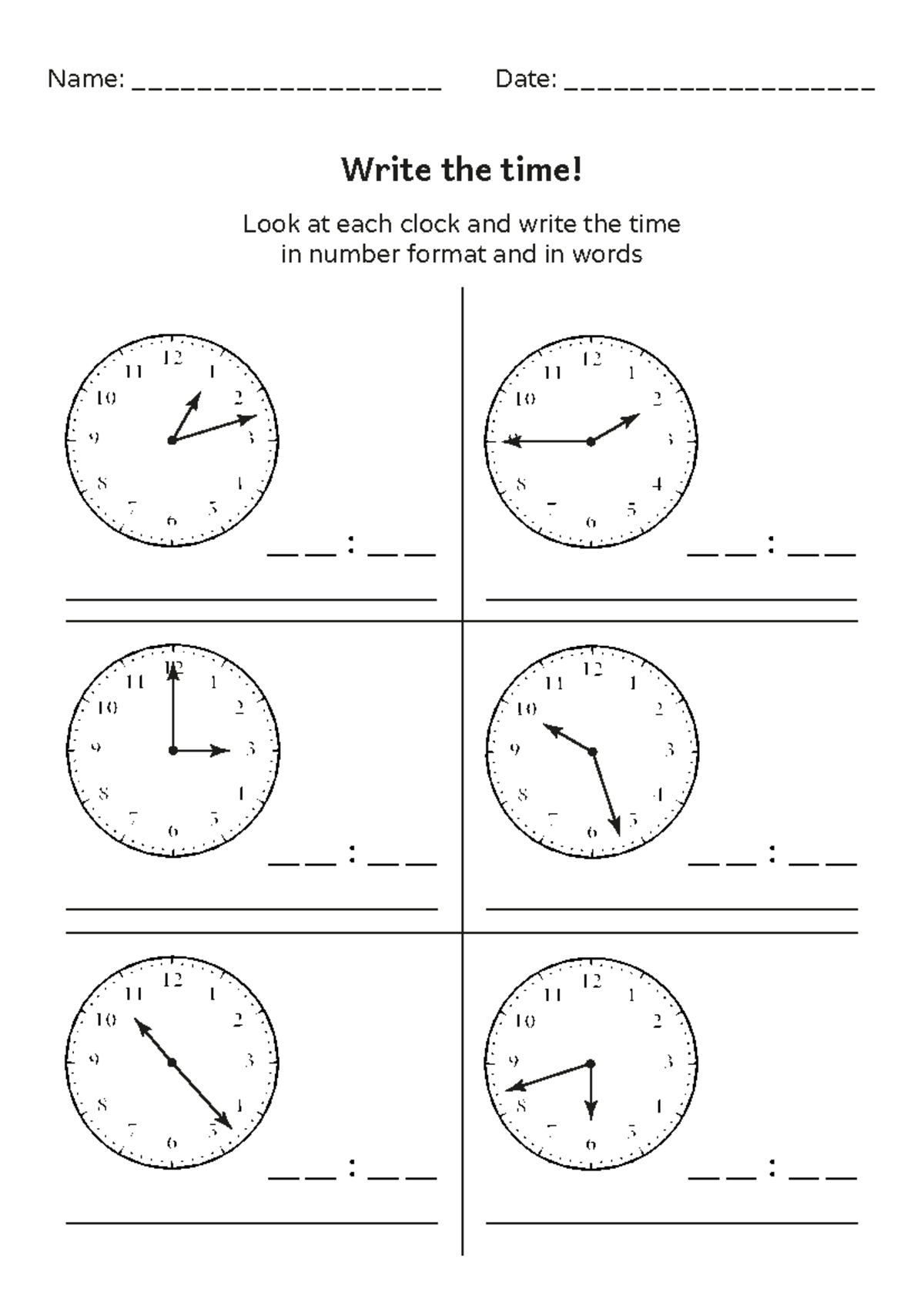 Telling Time - 3rd Grade Worksheet - Name: ___________________ Date ...
