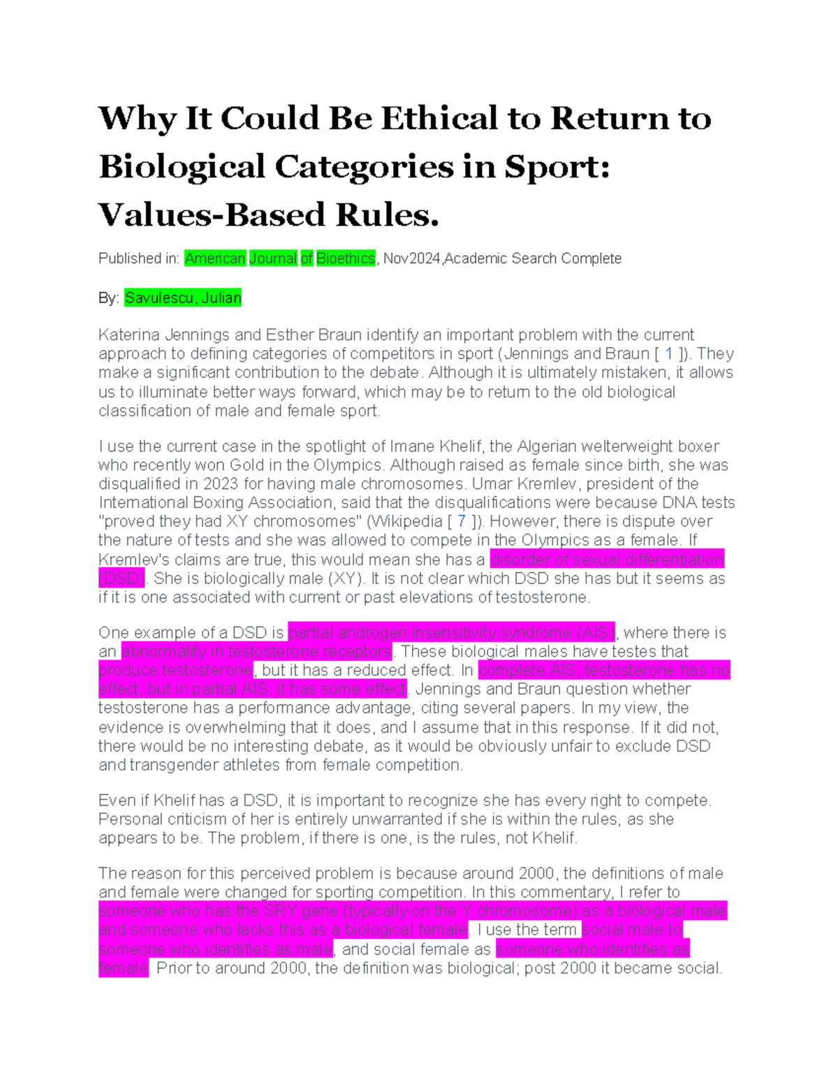 Ethical Considerations on Biological Categories in Sport: A Commentary ...