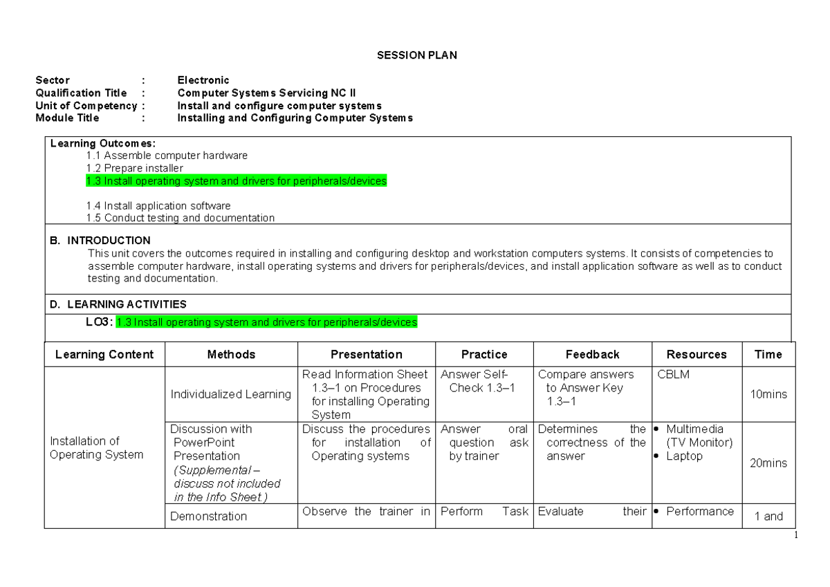 PTS-7 Session Plan: Installing & Configuring Computer Systems - Studocu