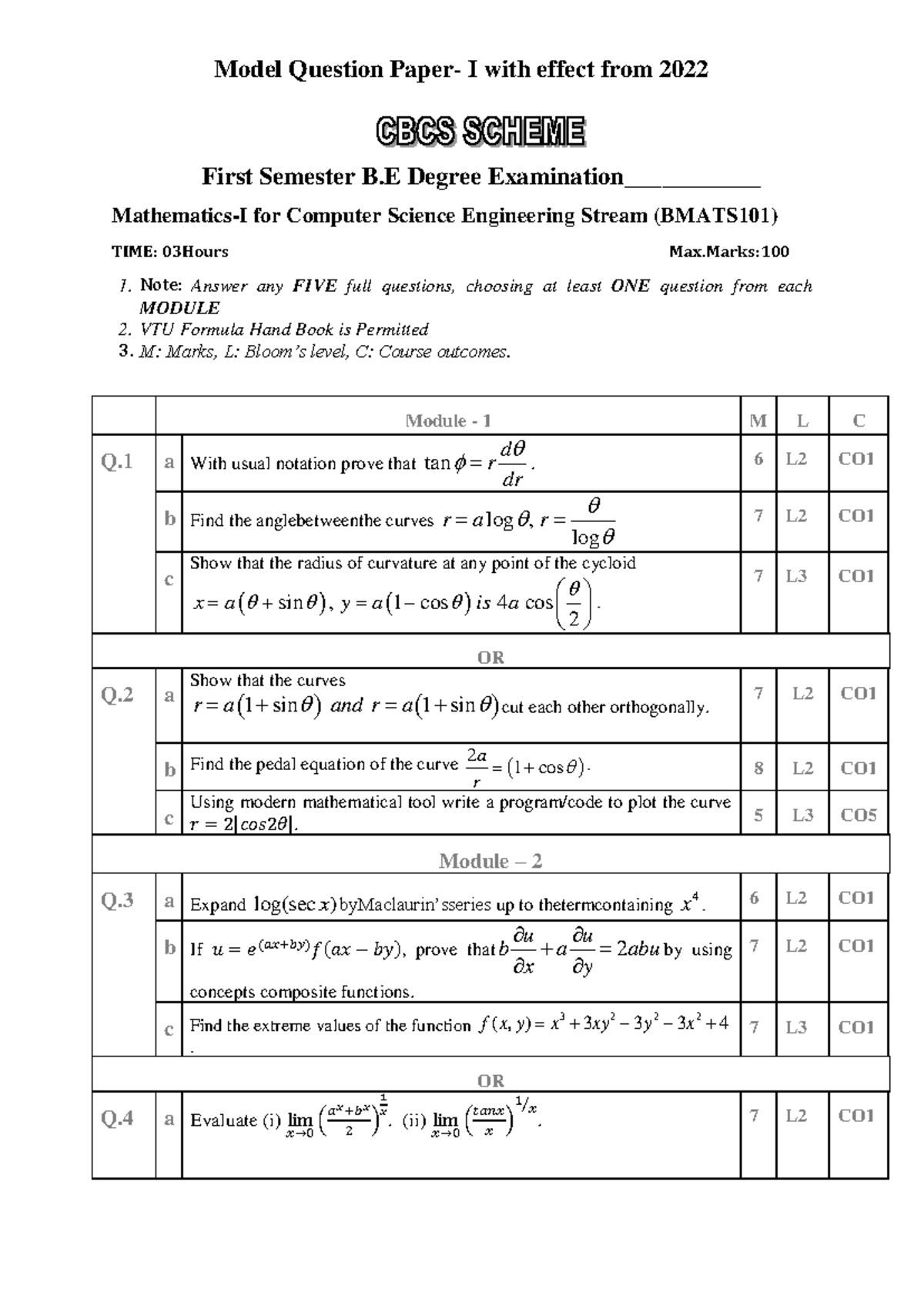 Bmats 101set1 - MODLE PAPER - Model Question Paper- I with effect from ...
