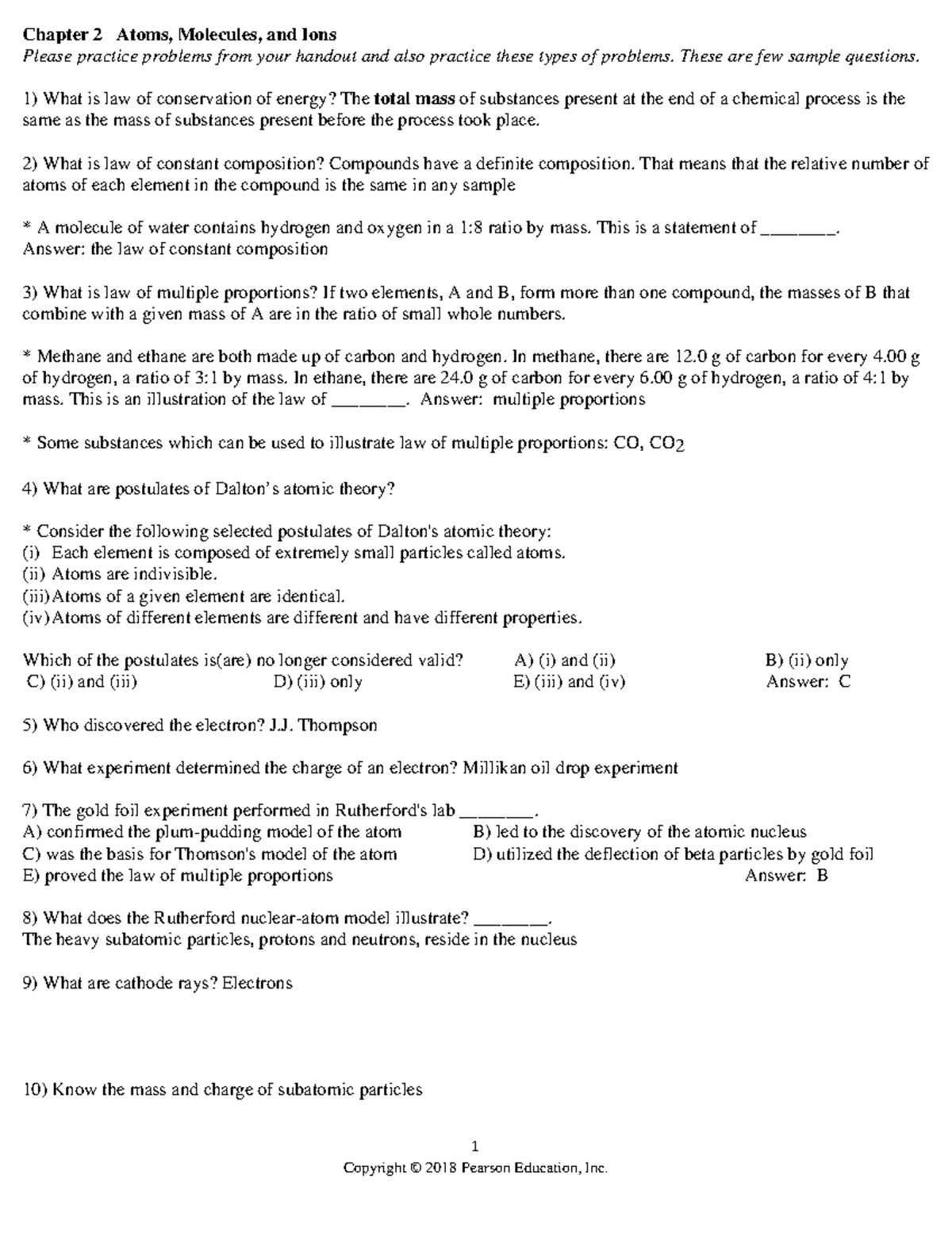 Chapter 02 Test Review: Atoms, Molecules, and Ions Insights - Studocu