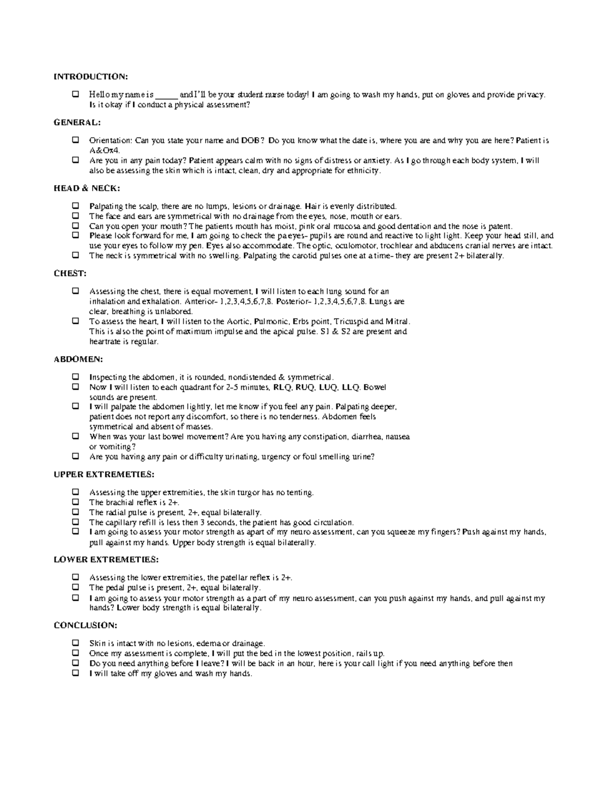 Head to toe assessment - INTRODUCTION: Hello my name is _____ and I’ll ...