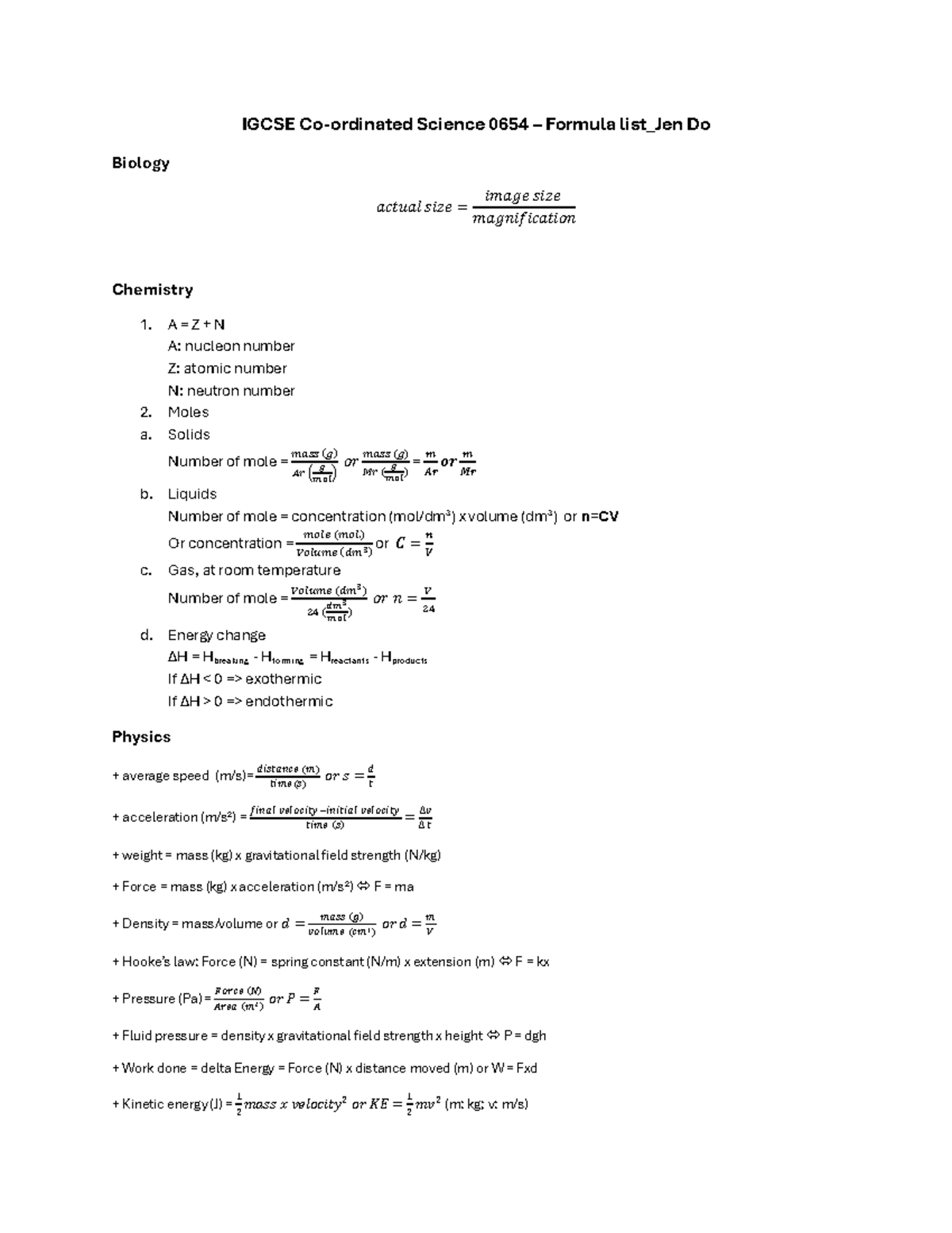 IGCSE 0654 Formula List for Biology, Chemistry, and Physics - Studocu