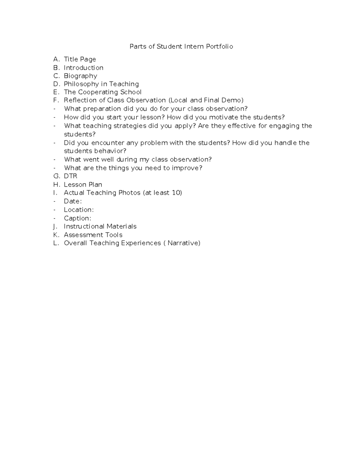 Parts of Student Intern Portfolio - Title Page B. Introduction C ...