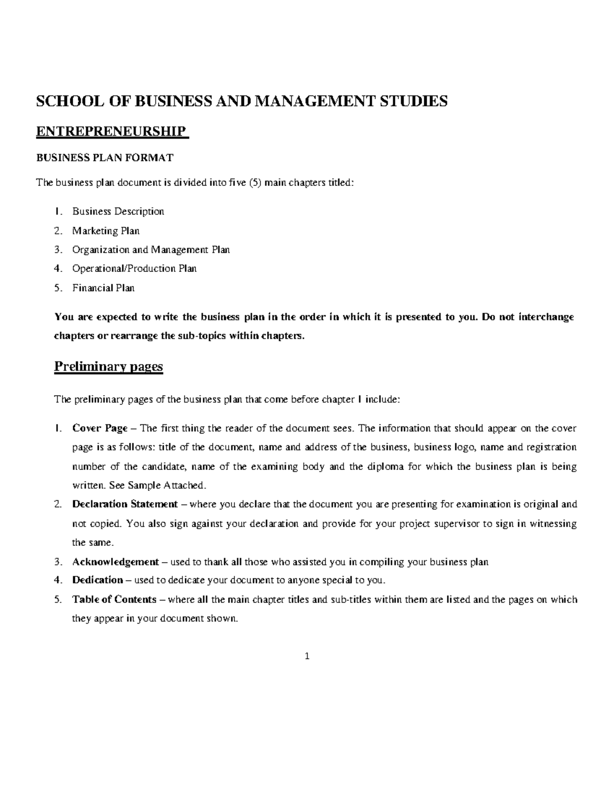 BUSINESS PLAN FORMAT & GUIDELINES - SCHOOL OF BUSINESS AND MANAGEMENT ...
