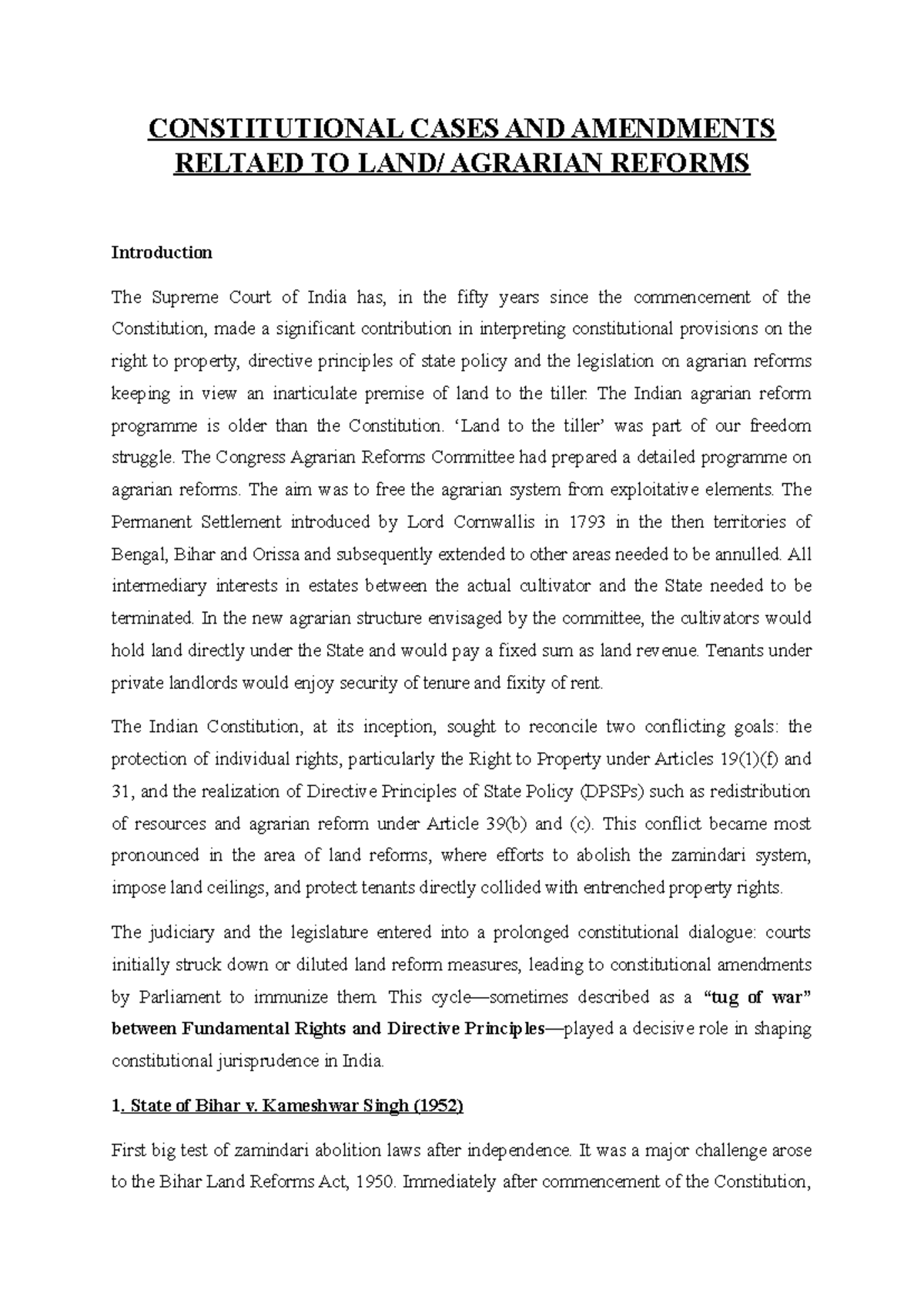 Constitutional Cases & Amendments on Agrarian Reforms (LAW 101) - Studocu
