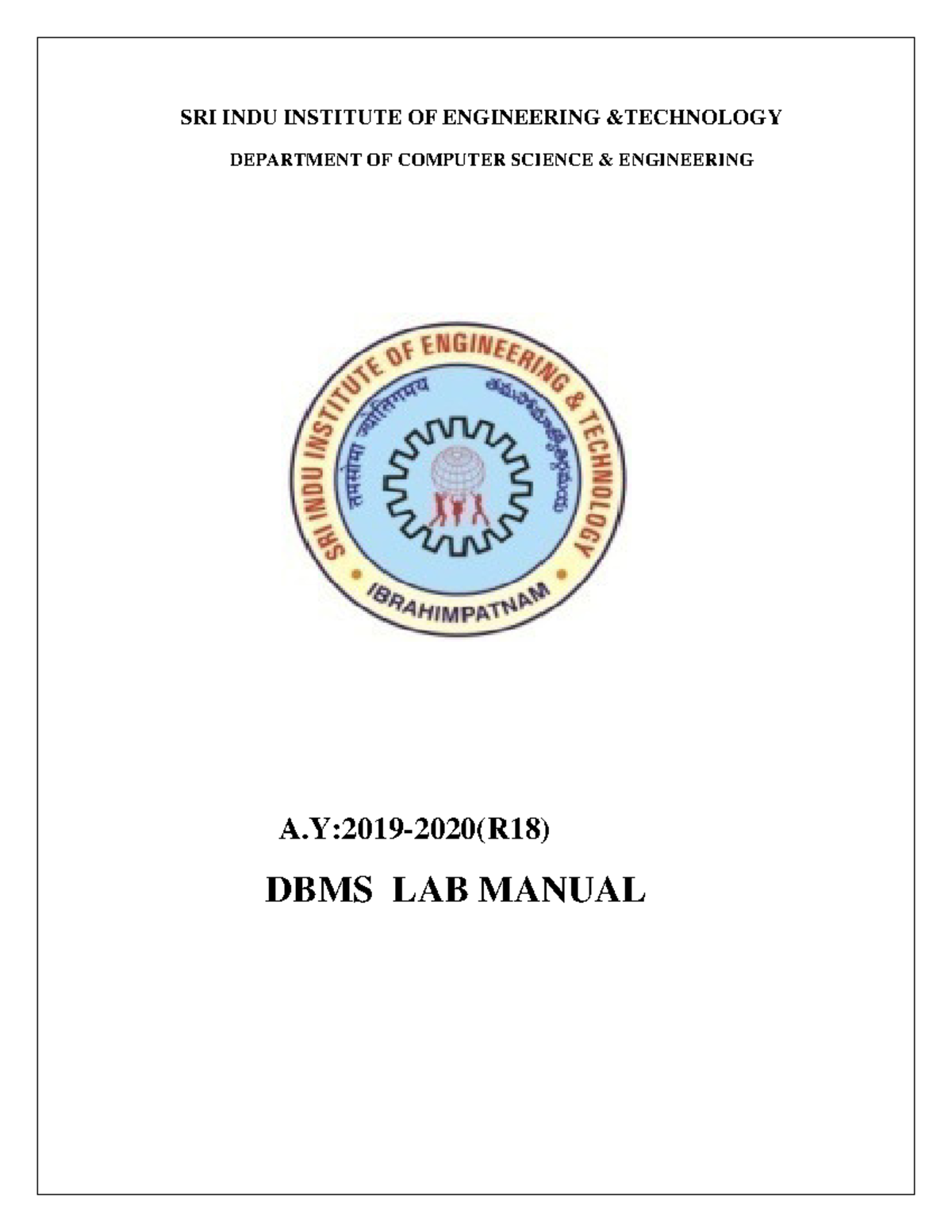 DBMS LAB Manual II CSE II SEM - SRI INDU INSTITUTE OF ENGINEERING &TECHNOLOGY DEPARTMENT OF ...