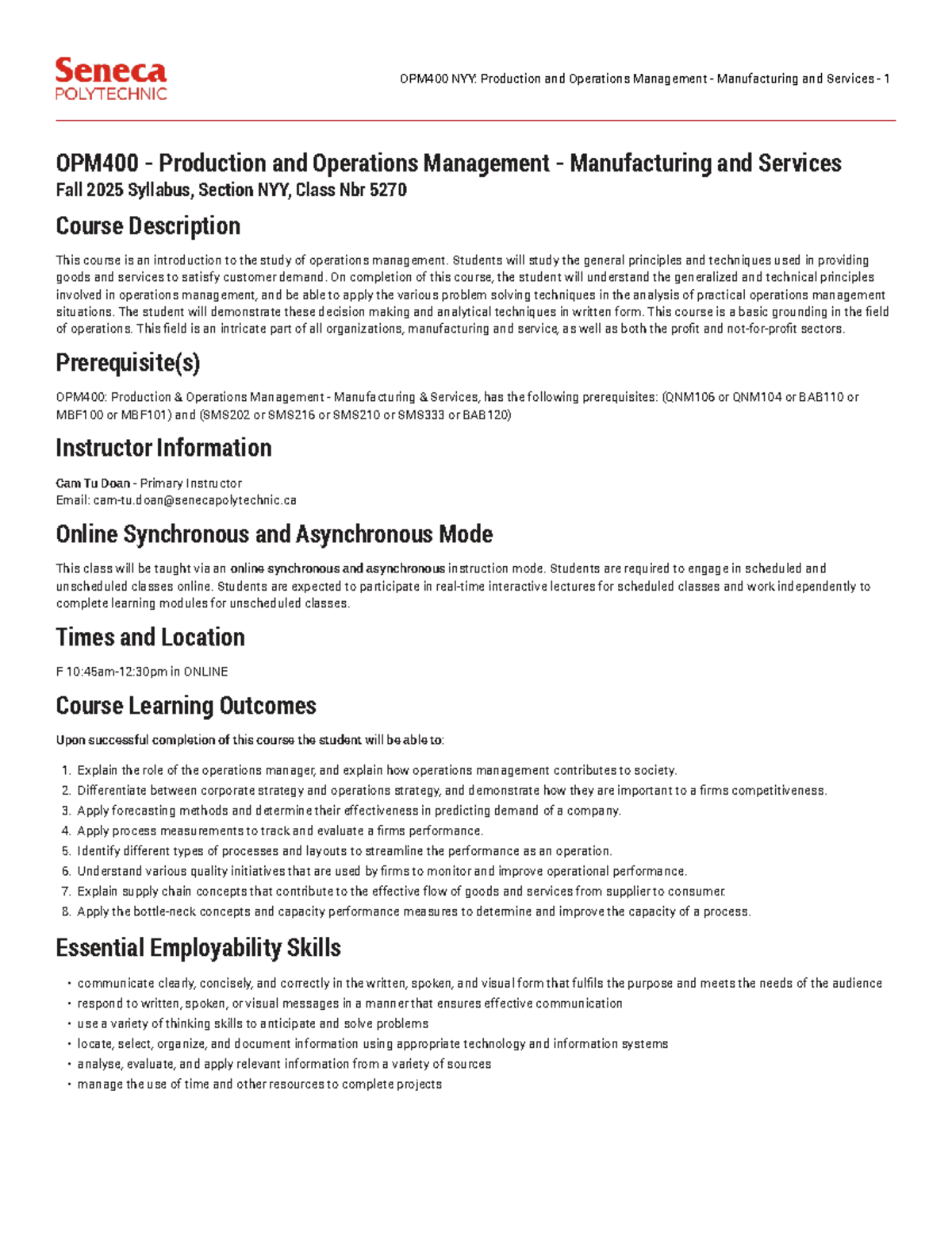 OPM400 NYY: Fall 2025 Production & Operations Management Syllabus - Studocu