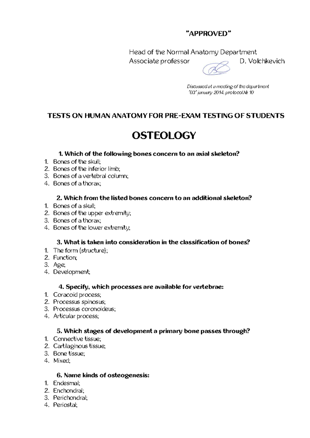 Osteology Tests for Human Anatomy - Protocol 10 (Jan 2014) - Studocu