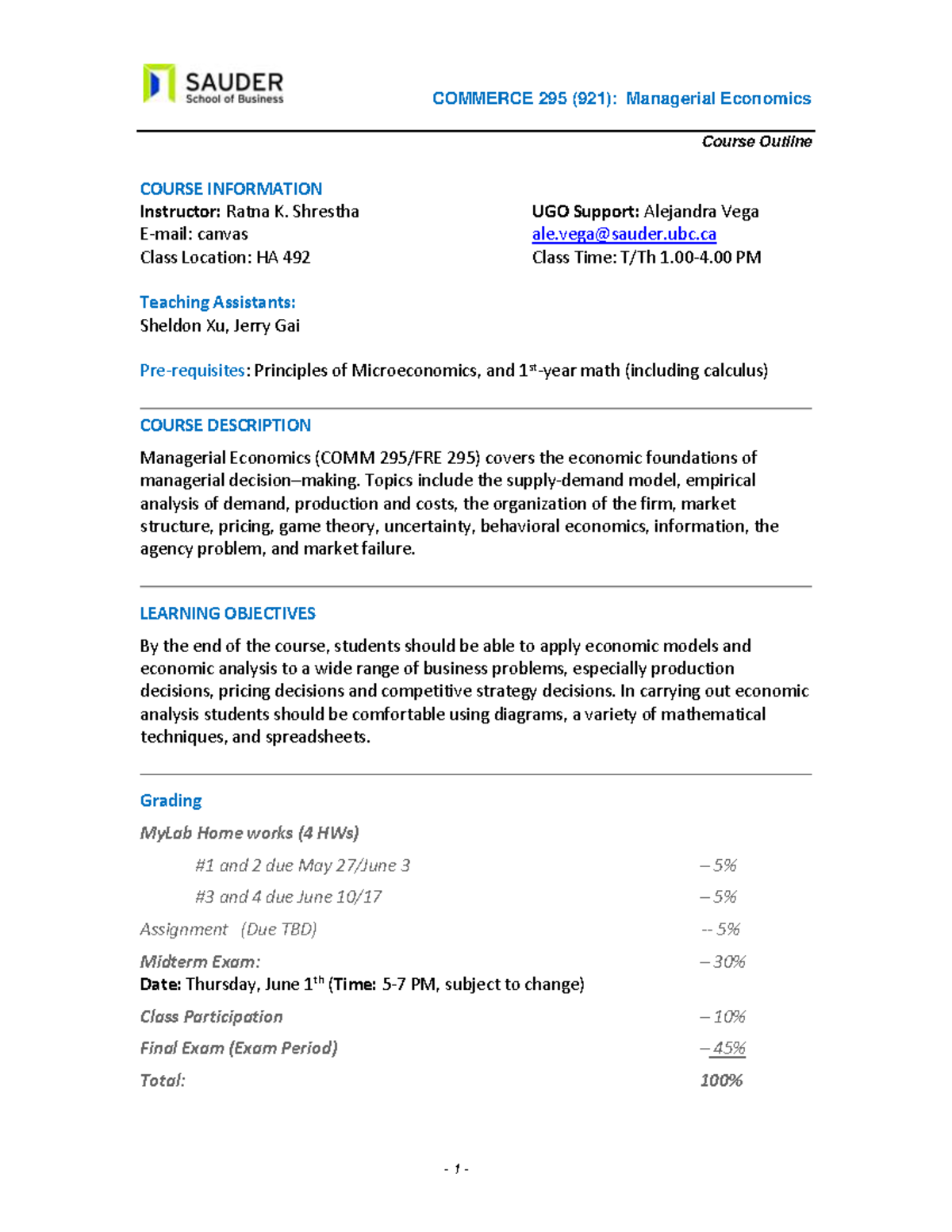 COMM 295 S2023: Managerial Economics Course Syllabus & Outline - Studocu