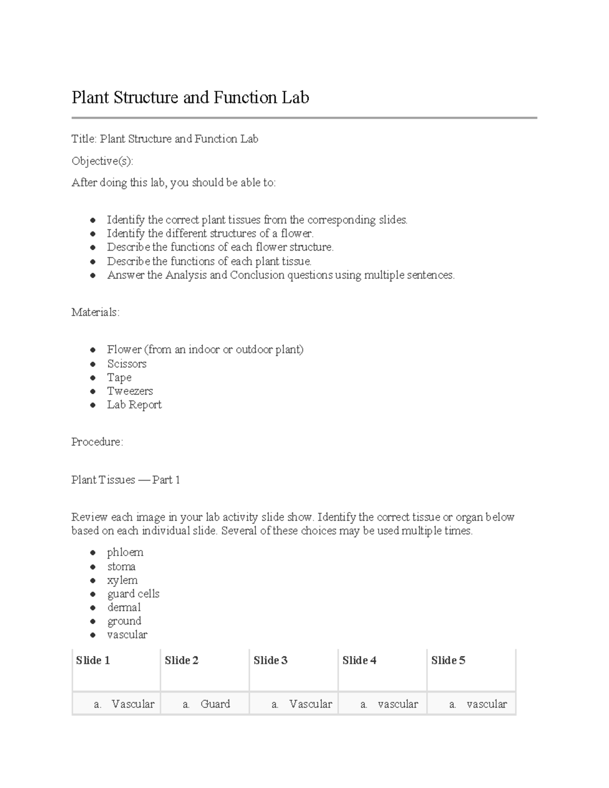 Plant Structure & Function Lab - Identification & Dissection Guide - Studocu