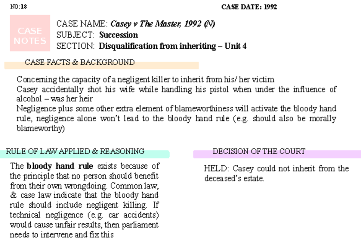 Casey v The Master Succession Case Summary & Legal Analysis - Studocu