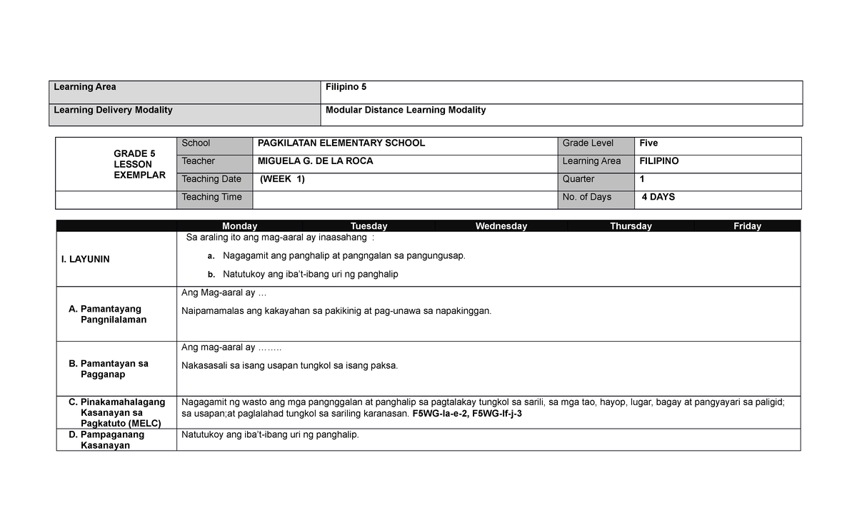 Lesson Exemplar for Filipino 5 - 1st Quarter Activities and Standards ...