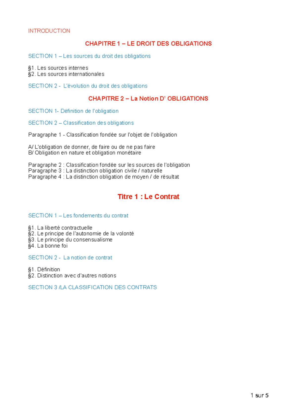 PLAN DE COURS - INTRODUCTION AU DROIT DES OBLIGATIONS (CHAPITRE 1) - Studocu