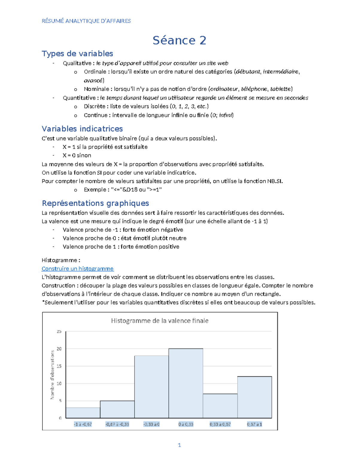 Résumé du cours complet - Séance 2 Types de variables Qualitative : le type d’appareil utilisé ...