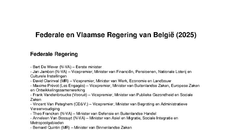 Federale en Vlaamse Regering van België - 2025 Overzicht - Studocu