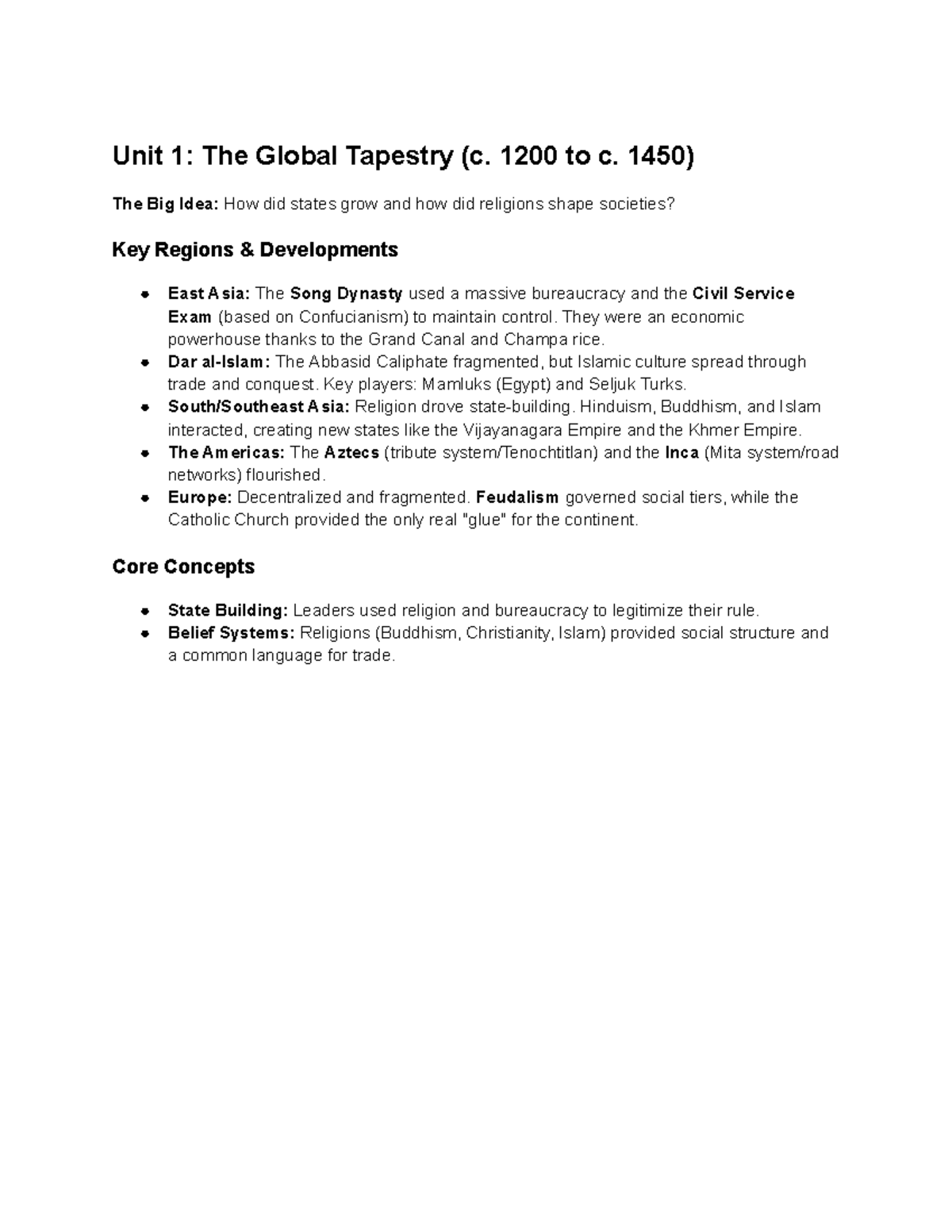 Unit 1: The Global Tapestry (c. 1200-1450) - Key Concepts & Regions ...