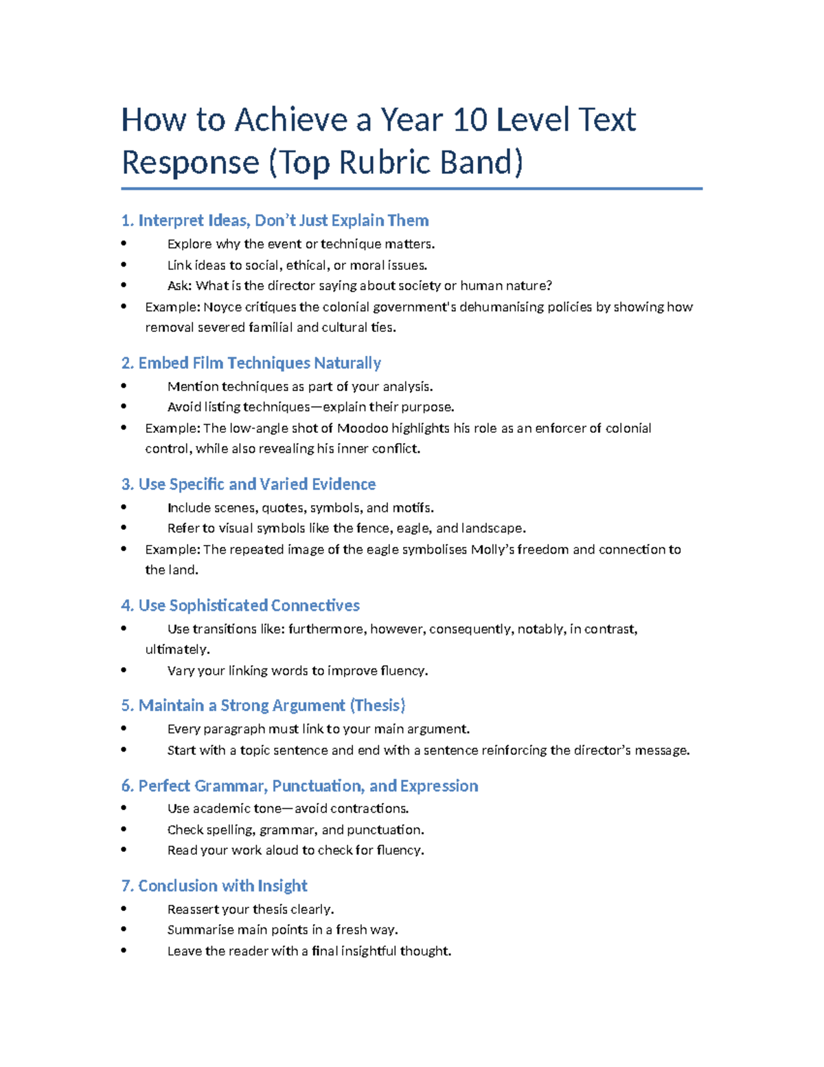 Year 10 Text Response Checklist: Achieving Top Rubric Band - Studocu