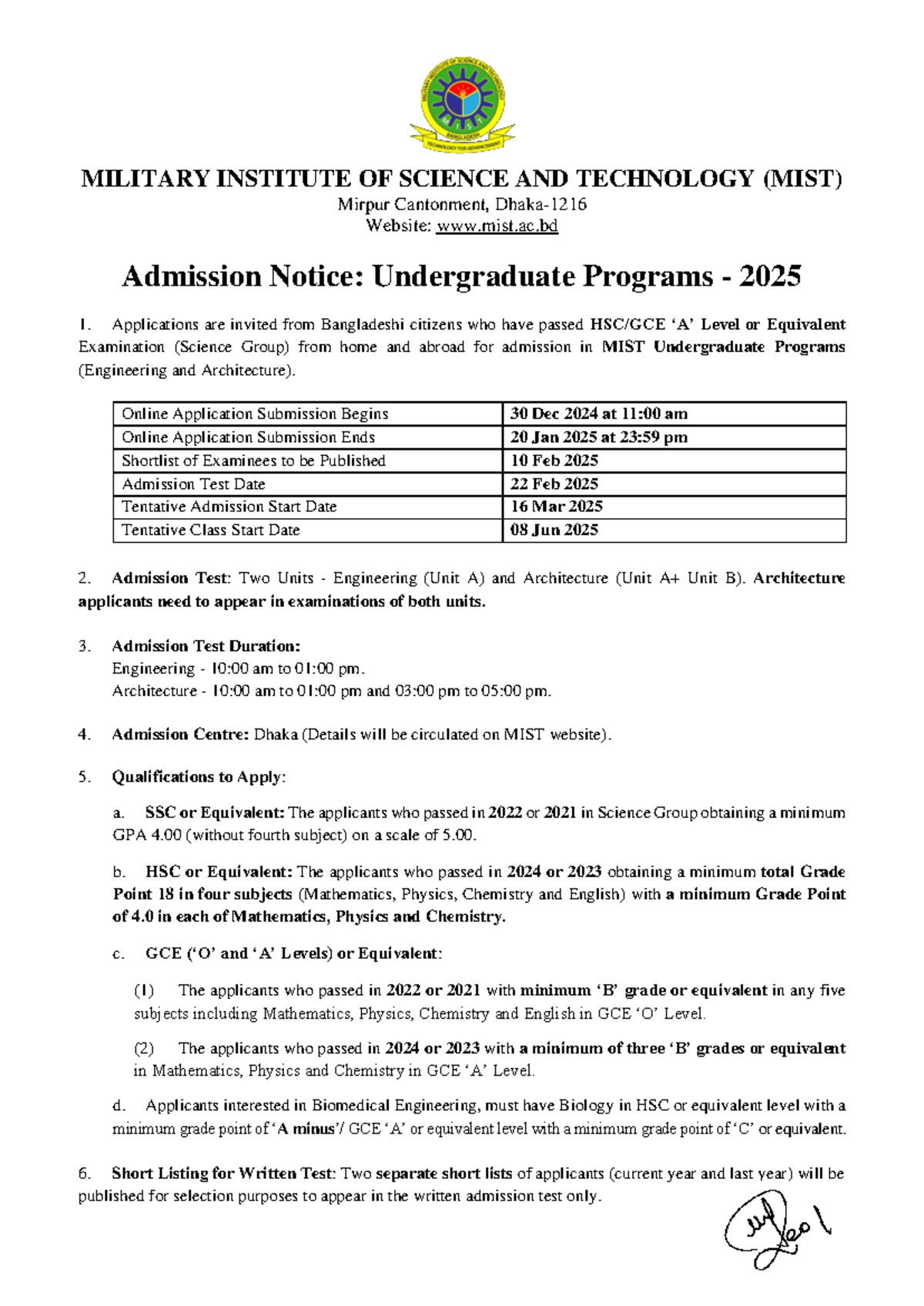 MIST Admission Notice 2025 for Undergraduate Programs - Studocu