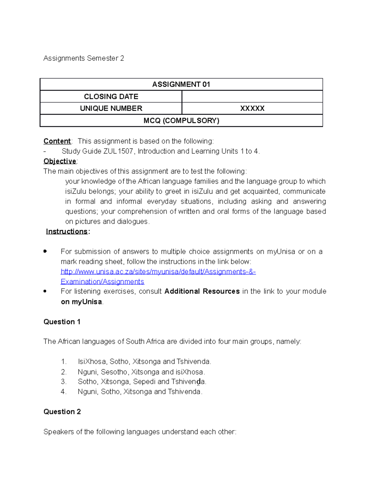 ZUL1507 Assignments: Semester 2 MCQ Overview and Guidelines - Studocu