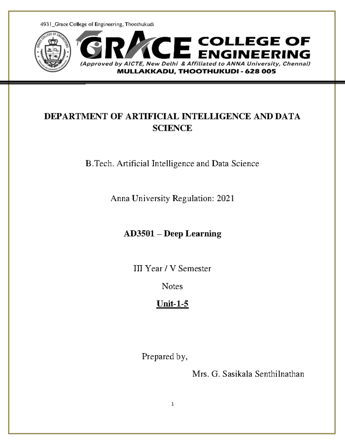 AD3501 Deep Learning Unit 1 Notes - Grace College - Studocu