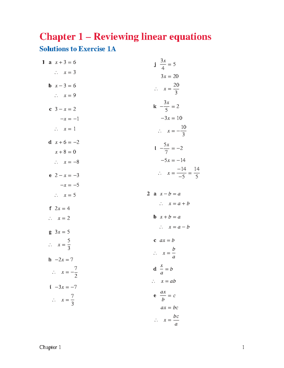 Chapter 1 - Worked Solutions to Linear Equations Exercises - Studocu