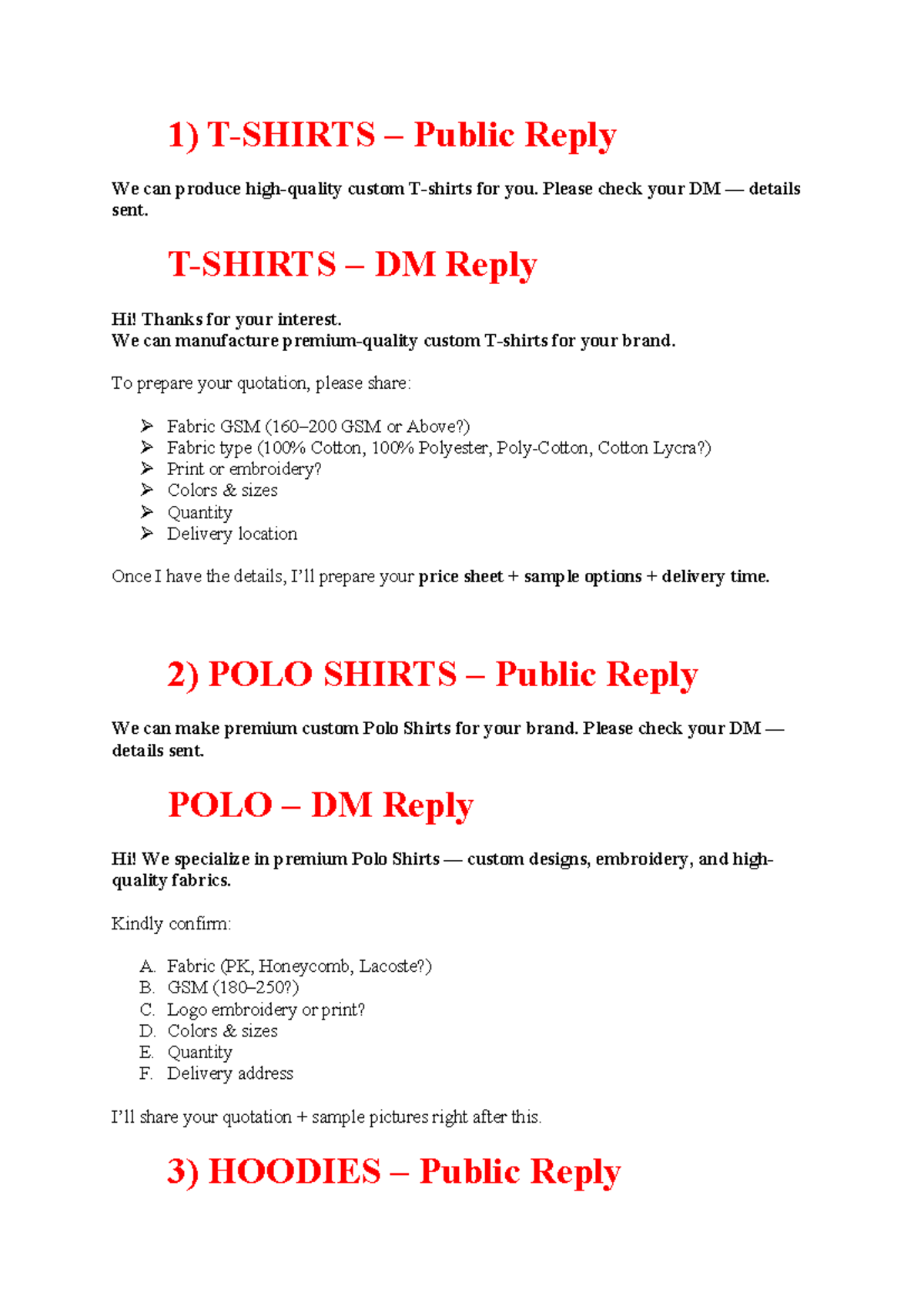 Custom Apparel Manufacturing Inquiries and Responses - Studocu