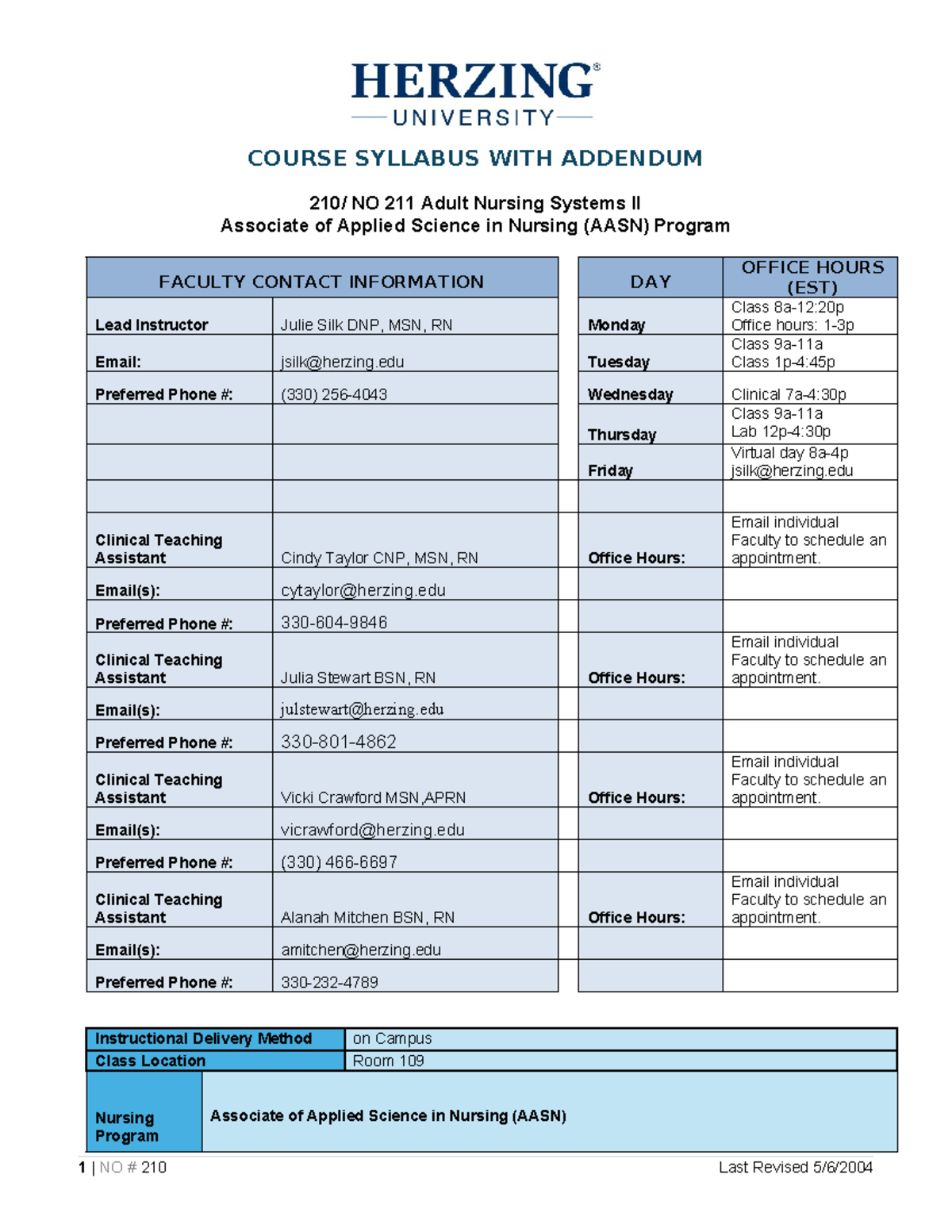 NO 210 Syllabus & Addendum for Adult Nursing Systems II - Summer A 2024 ...