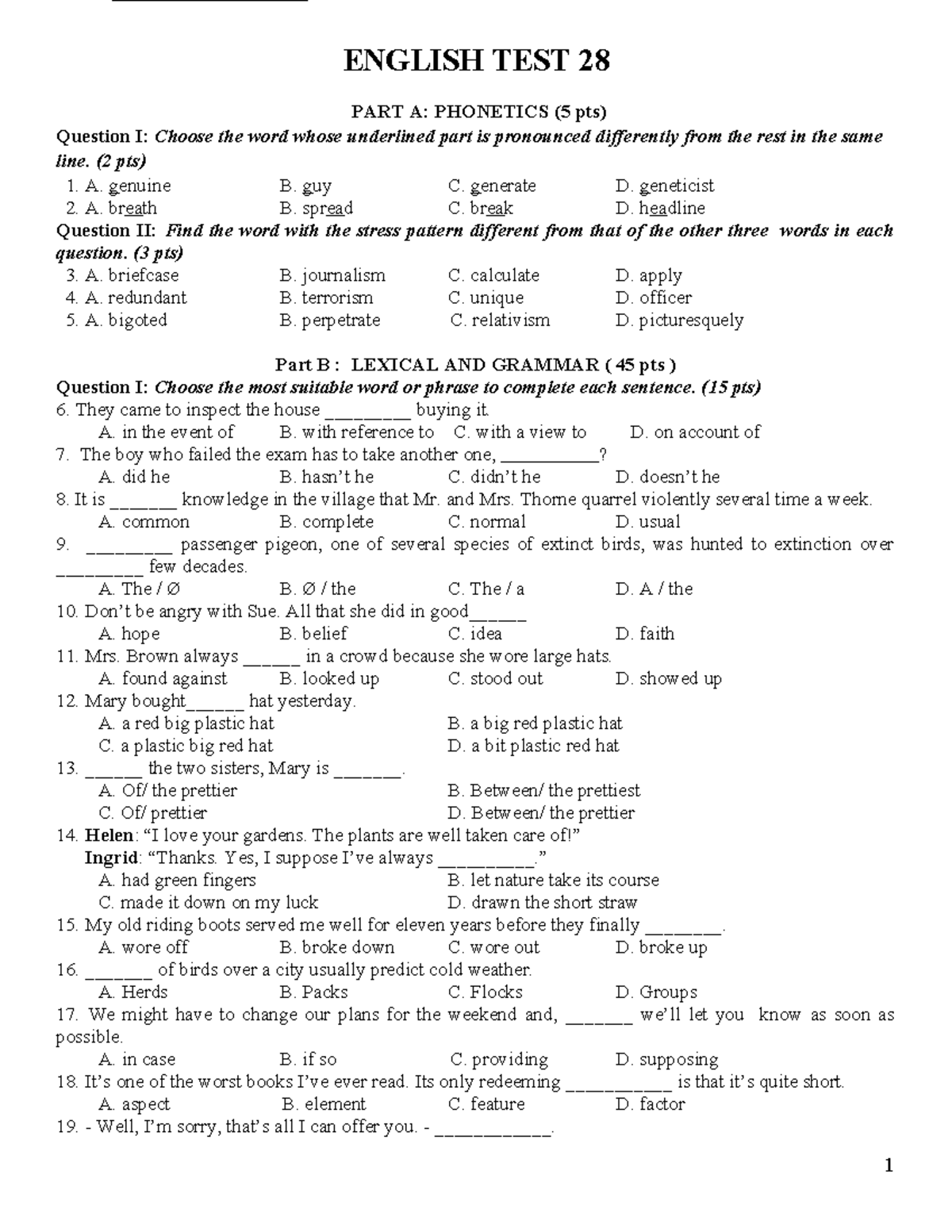 ENGLISH TEST 28: PHONETICS, LEXICAL & GRAMMAR EXERCISES - Studocu