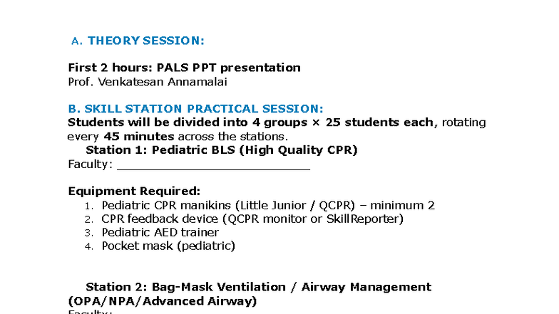 PALS Stations & Equipment Overview for Practical Session - Studocu