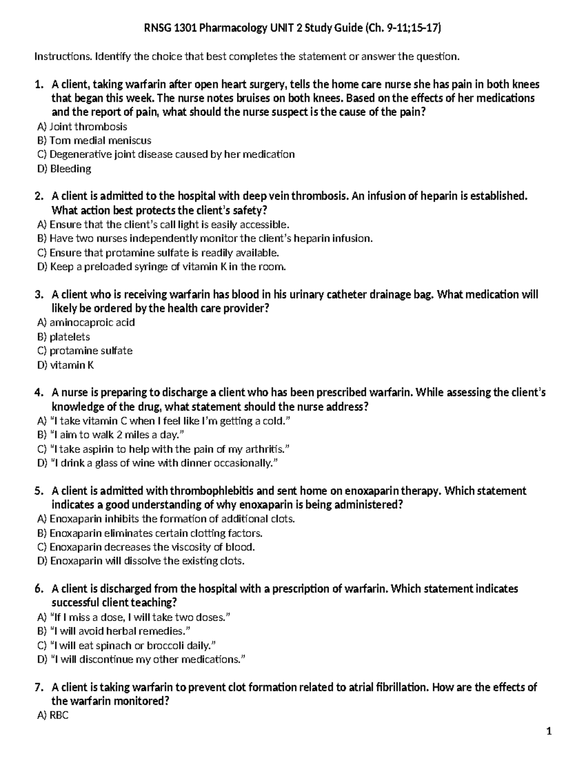UNIT 2 Study Guide (Ch. 9-11;15-17) - Instructions. Identify the choice ...