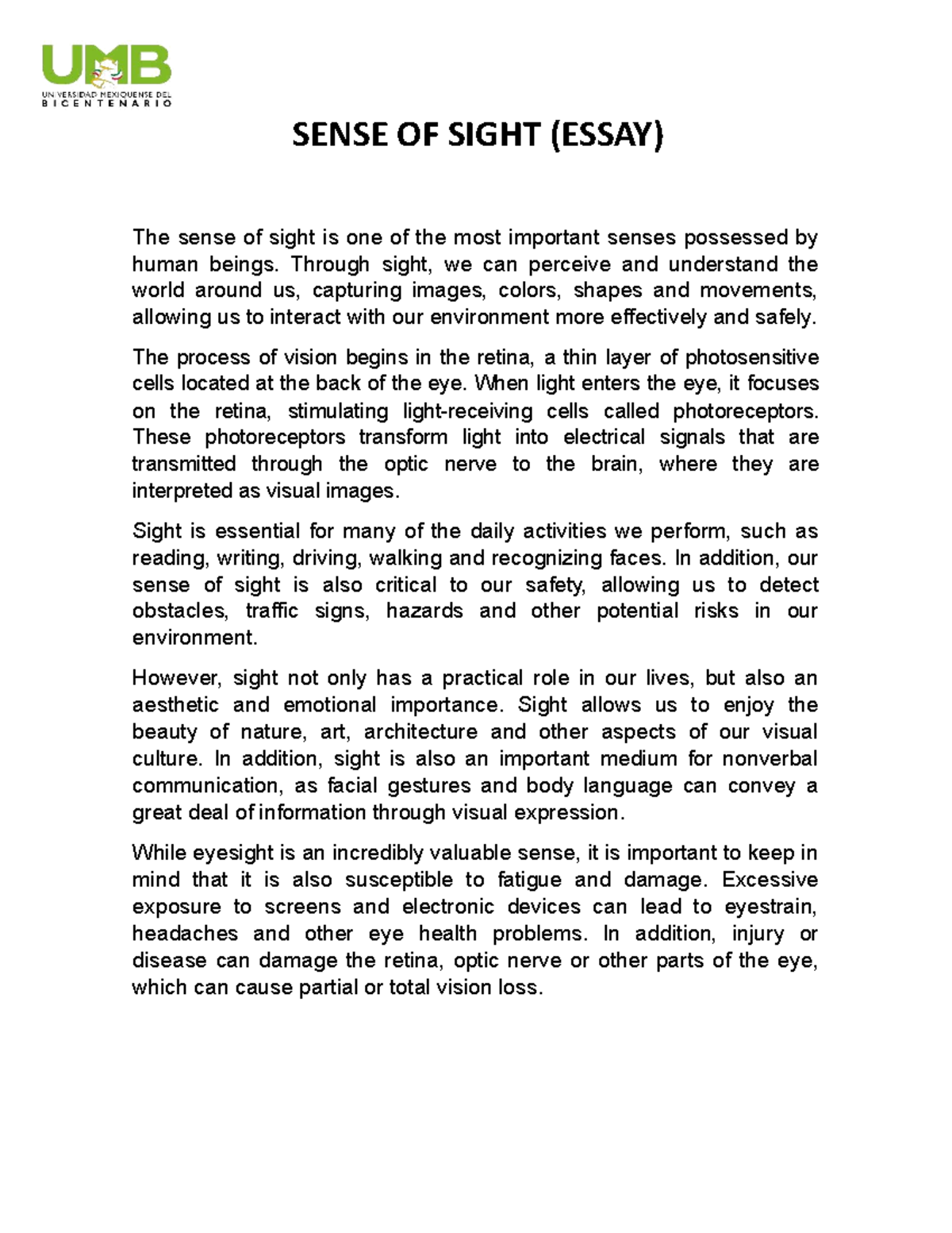 SENSE OF SIGHT - ESSAY ON VISION AND ITS IMPORTANCE - Studocu