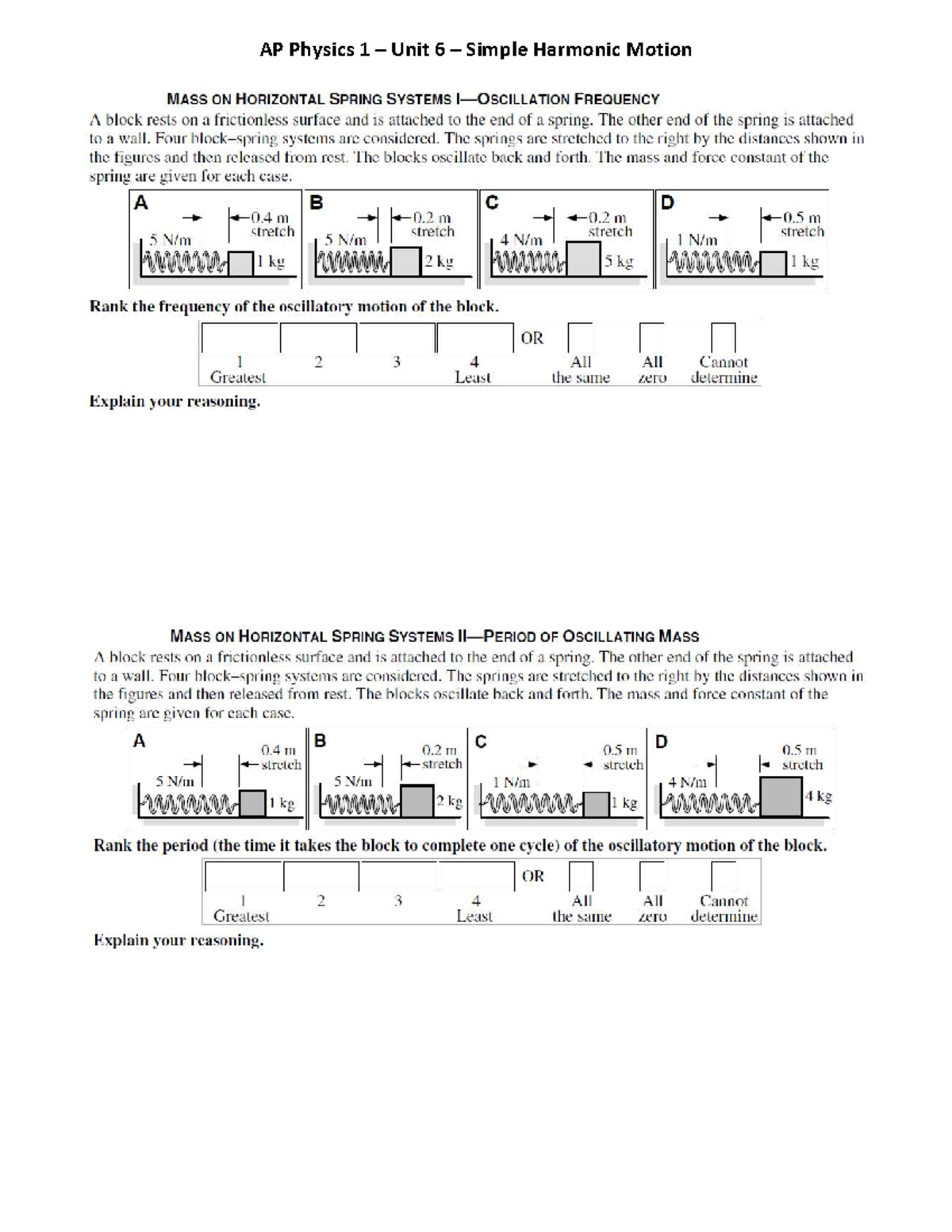 AP1 Unit 6 Simple Harmonic Motion: Mass on Spring Systems Analysis ...