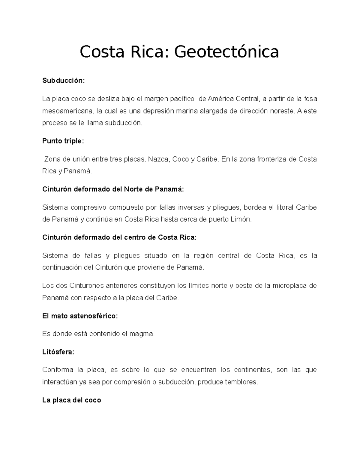 Geotectónica - Costa Rica: Geotectónica Subducción: La placa coco se ...