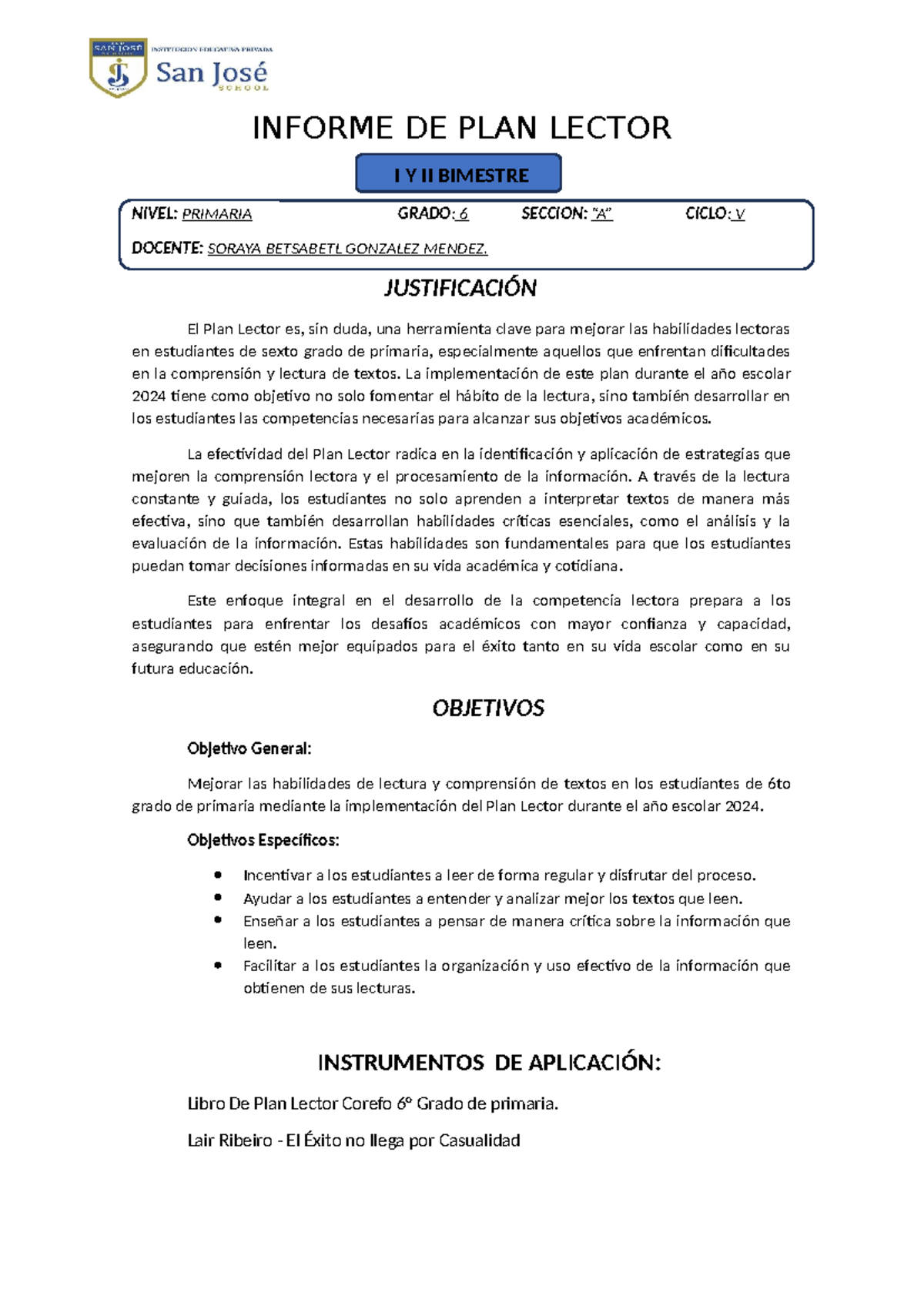Informe del Plan Lector 6to Grado Primaria - Año Escolar 2024 - Studocu
