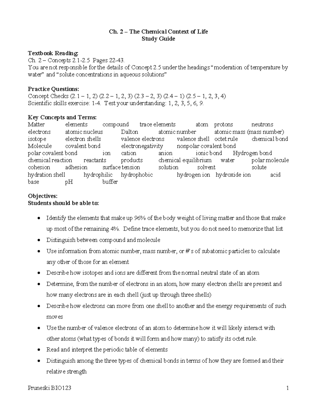 Study Guide: Chemical Context of Life - BIO123 Ch. 2 Concepts & Review ...